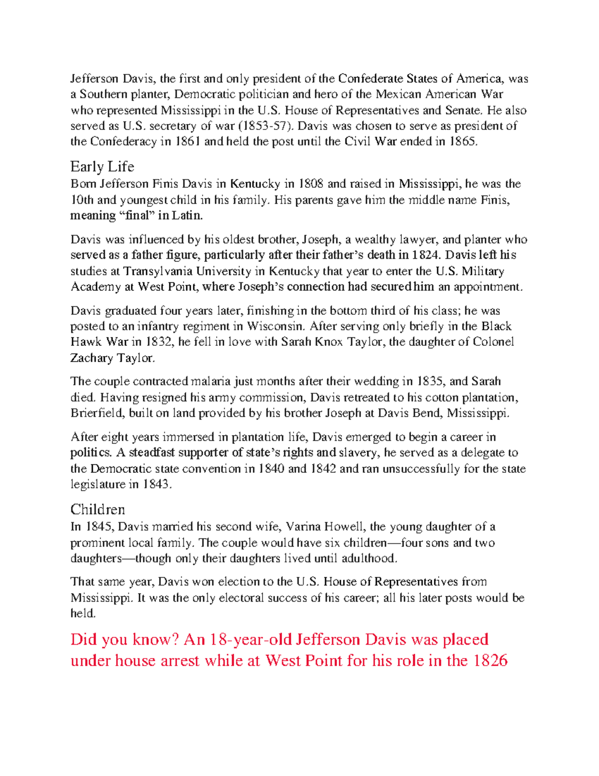 Jefferson Davies Notes - Jefferson Davis, the first and only president ...