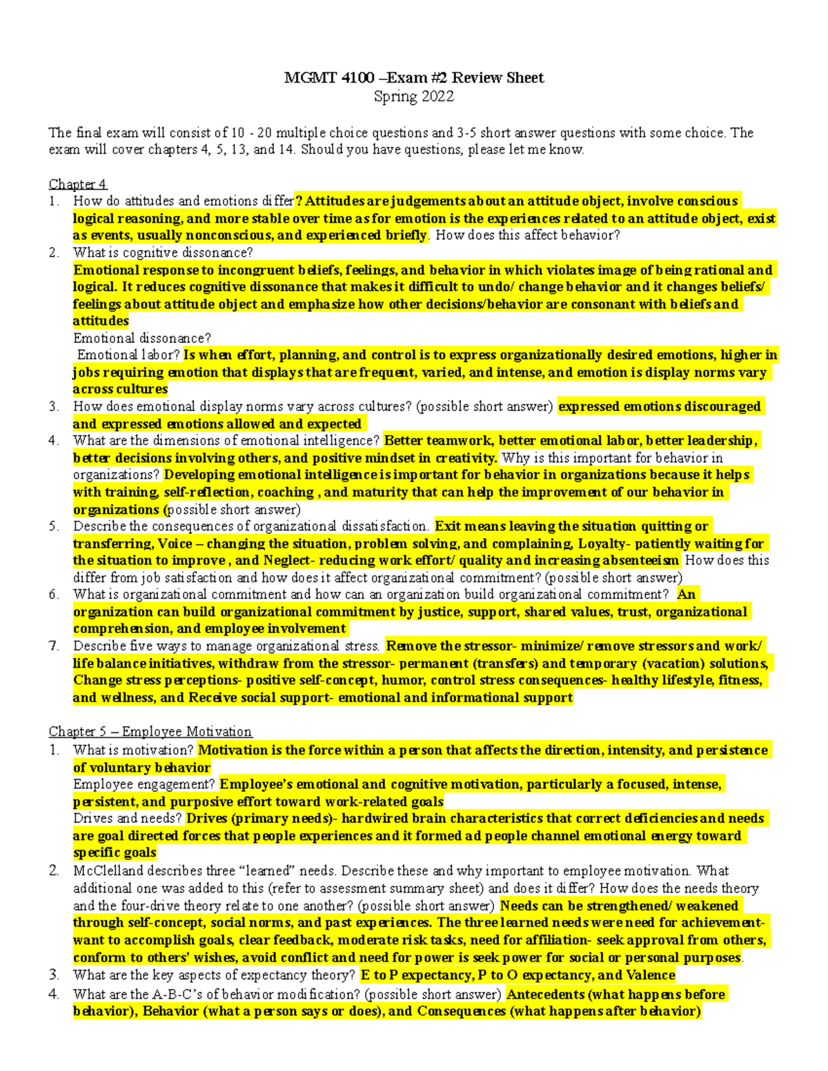 MGMT 4100 Review Sheet - Exam #2 - MGMT 4100 –Exam #2 Review Sheet ...