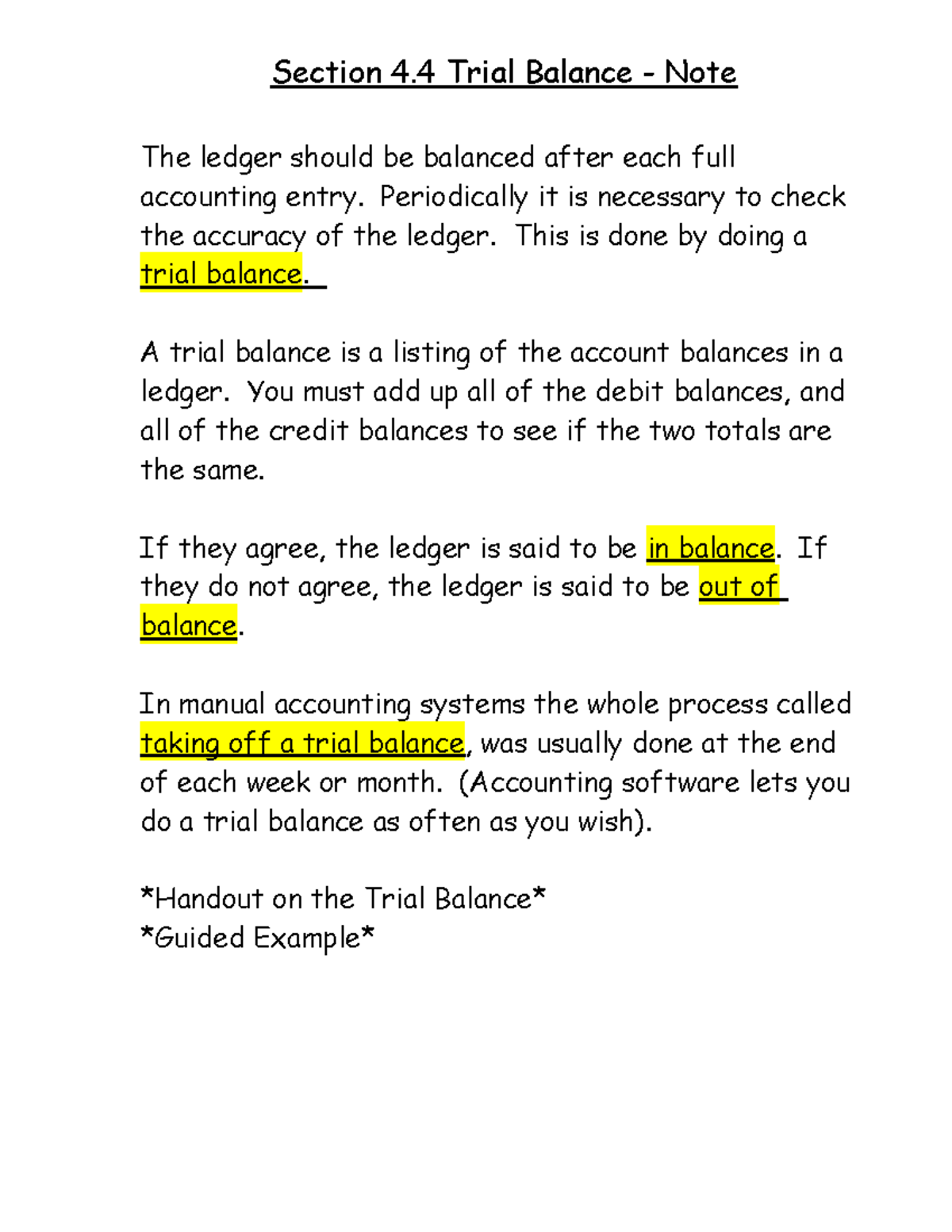 L - Section 4.4 The Trial Balance Note to start class - Section 4 Trial ...