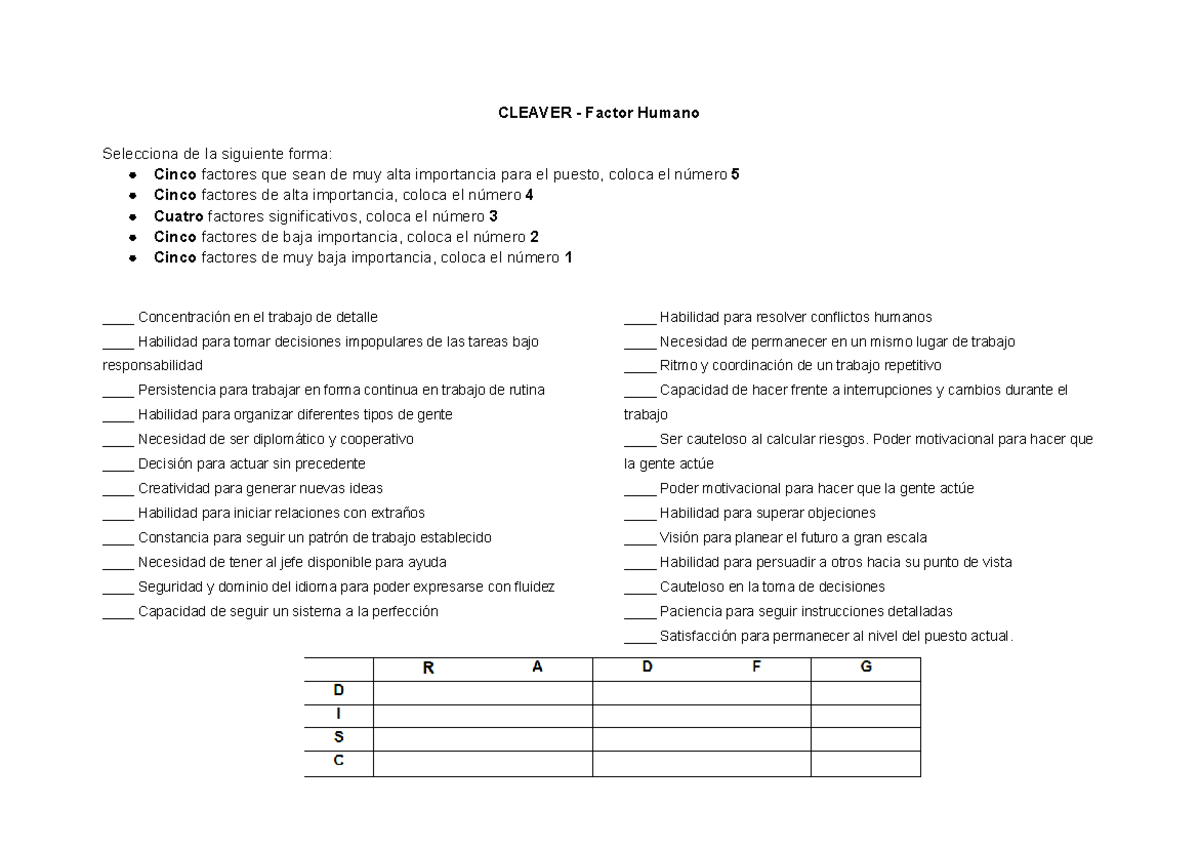 Formato Cleaver - Factor Humano - CLEAVER - Factor Humano Selecciona de ...