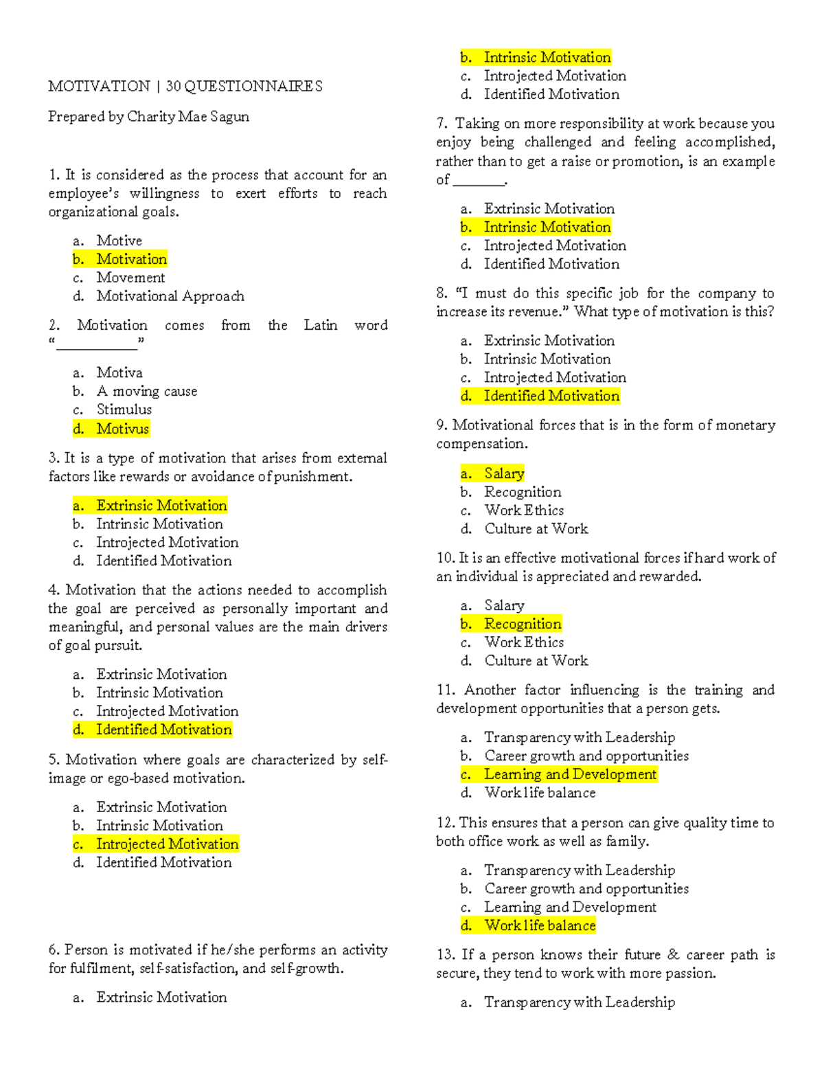 Group 9 Motivation QUIZ - MOTIVATION | 30 QUESTIONNAIRES Prepared by ...