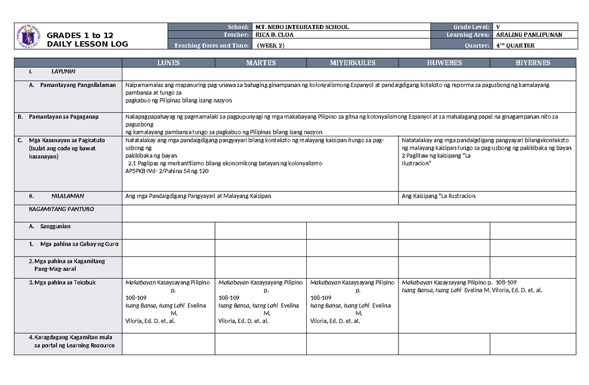 DLL Araling Panlipunan 5 Q4 W2 - GRADES 1 to 12 DAILY LESSON LOG School: MT. NEBO INTEGRATED ...
