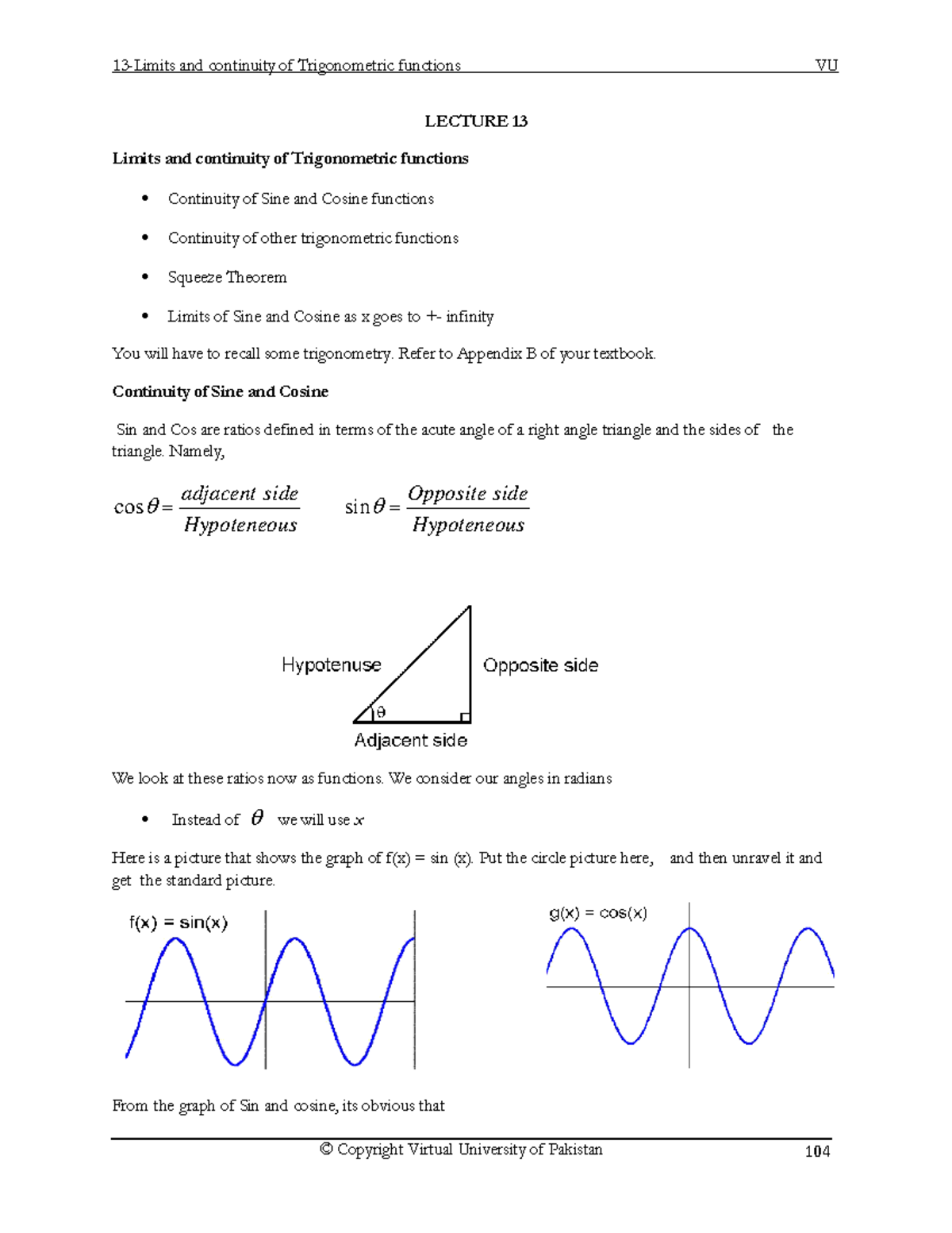Lecture 13 - LECTURE 13 Limits and continuity of Trigonometric ...