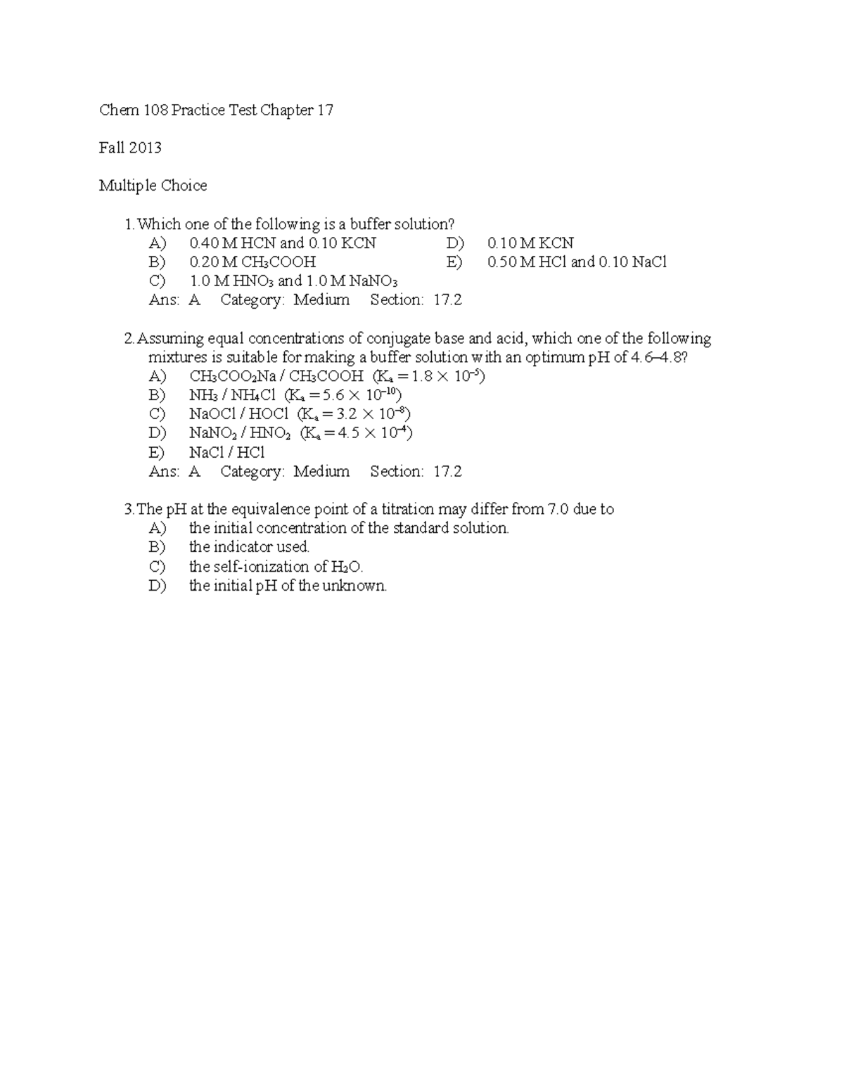 Chem108Fall13-PT-Ch17 - Chem 108 Practice Test Chapter 17 Fall 2013 ...