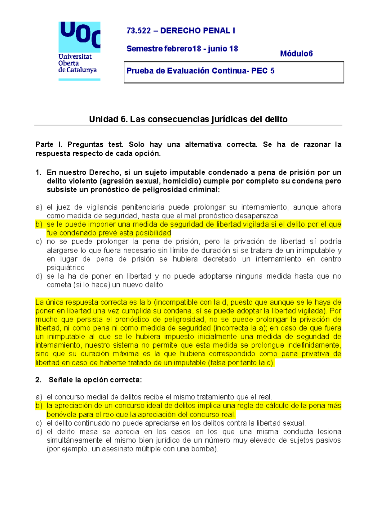 73522 Solpec 5 - PEC y soluciones - 73 – DERECHO PENAL I Semestre febrero18 - junio 18 Módulo ...