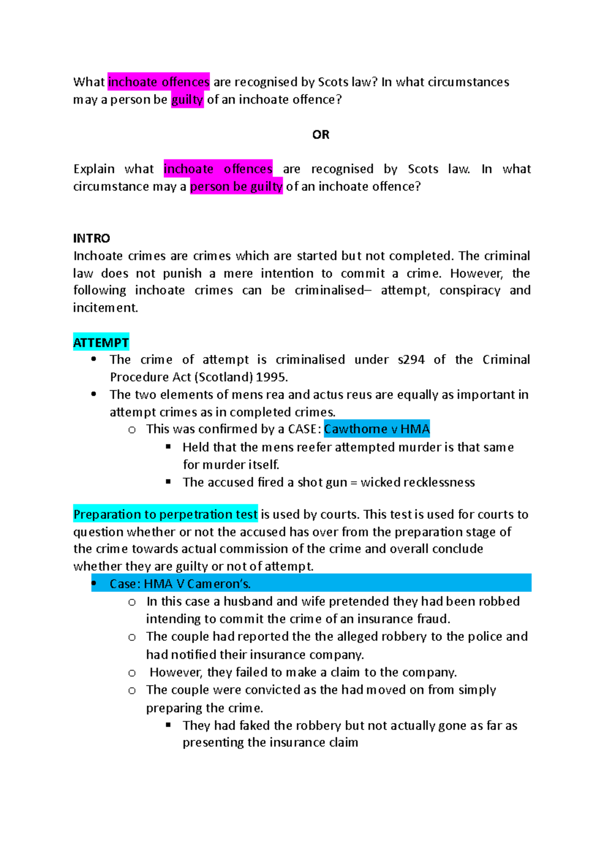 Essay PLAN - Incohate Offences - What inchoate offences are recognised ...