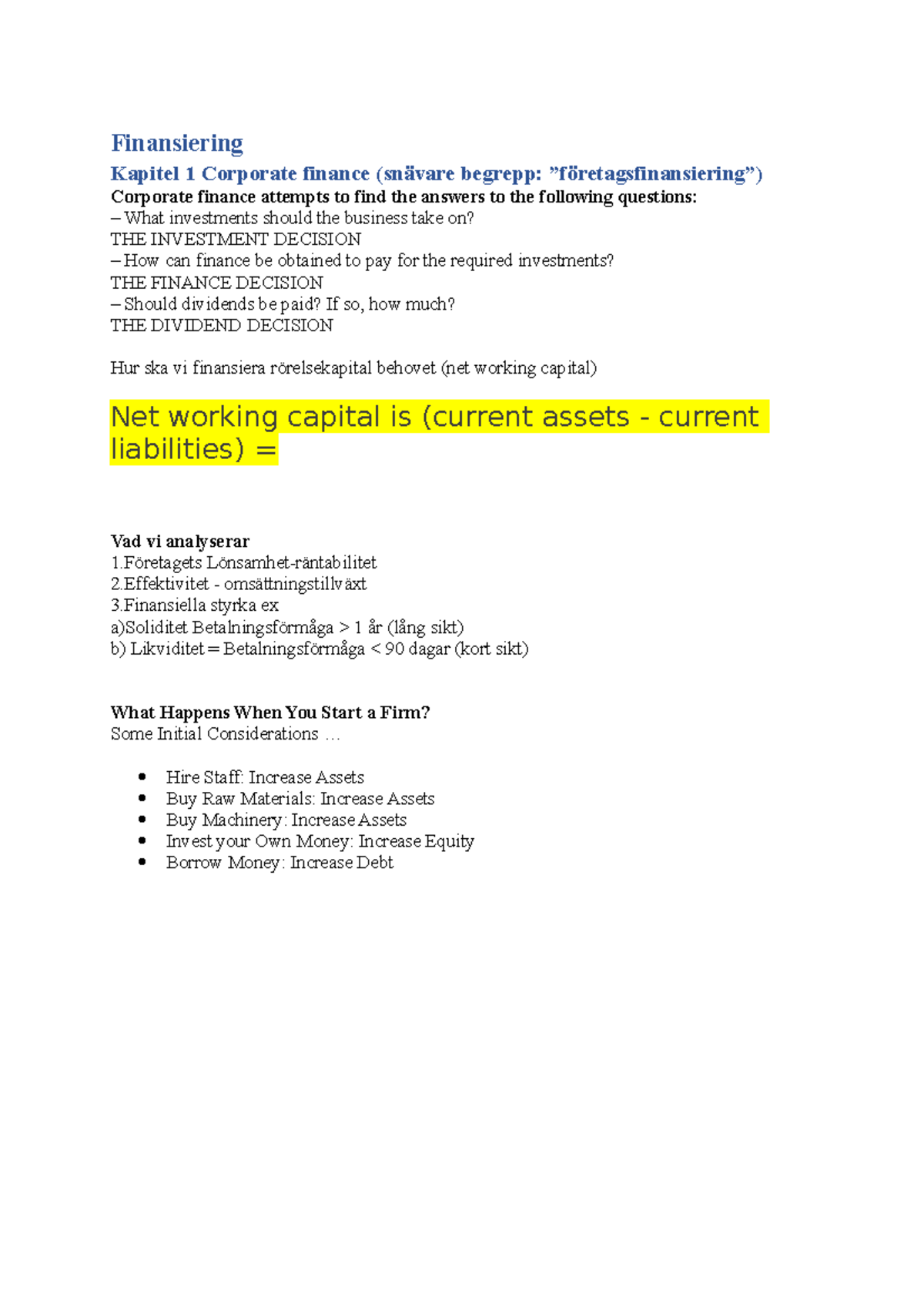 Studco finansiering - Finansiering Kapitel 1 Corporate finance (snävare ...