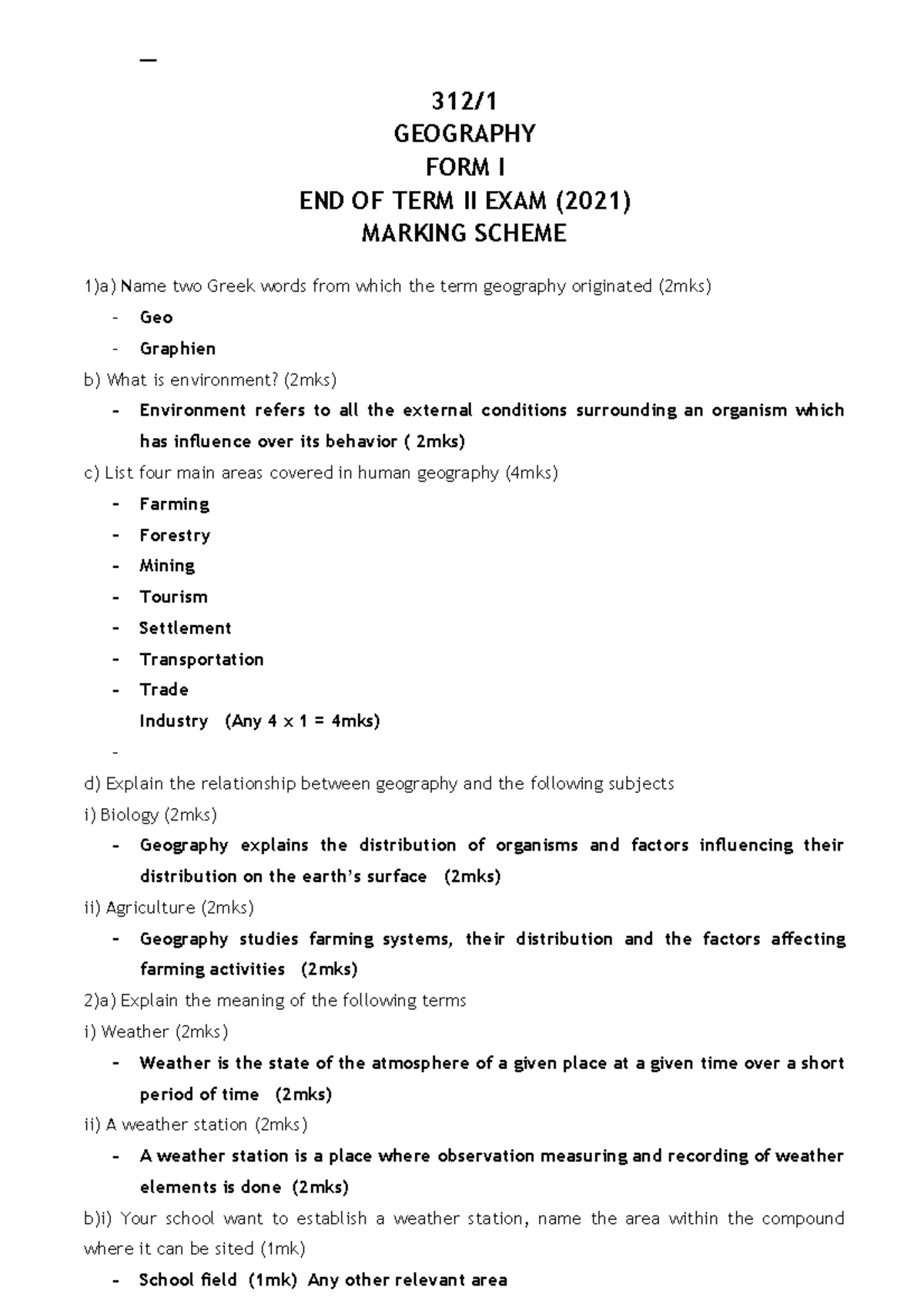 Geography F1 MS - GEOGRAHY - 312/ GEOGRAPHY FORM I END OF TERM II EXAM ...