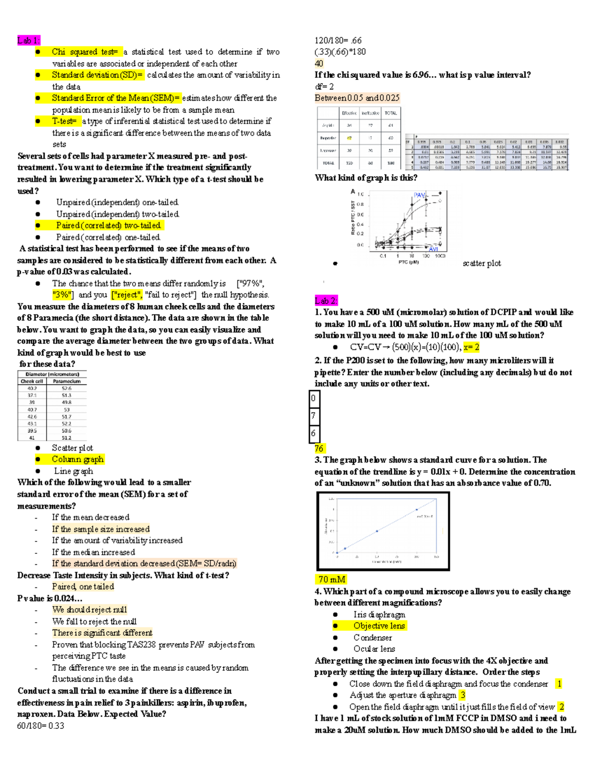 Bio 1AL Practice Questions - Lab 1: Chi squared test= a statistical ...