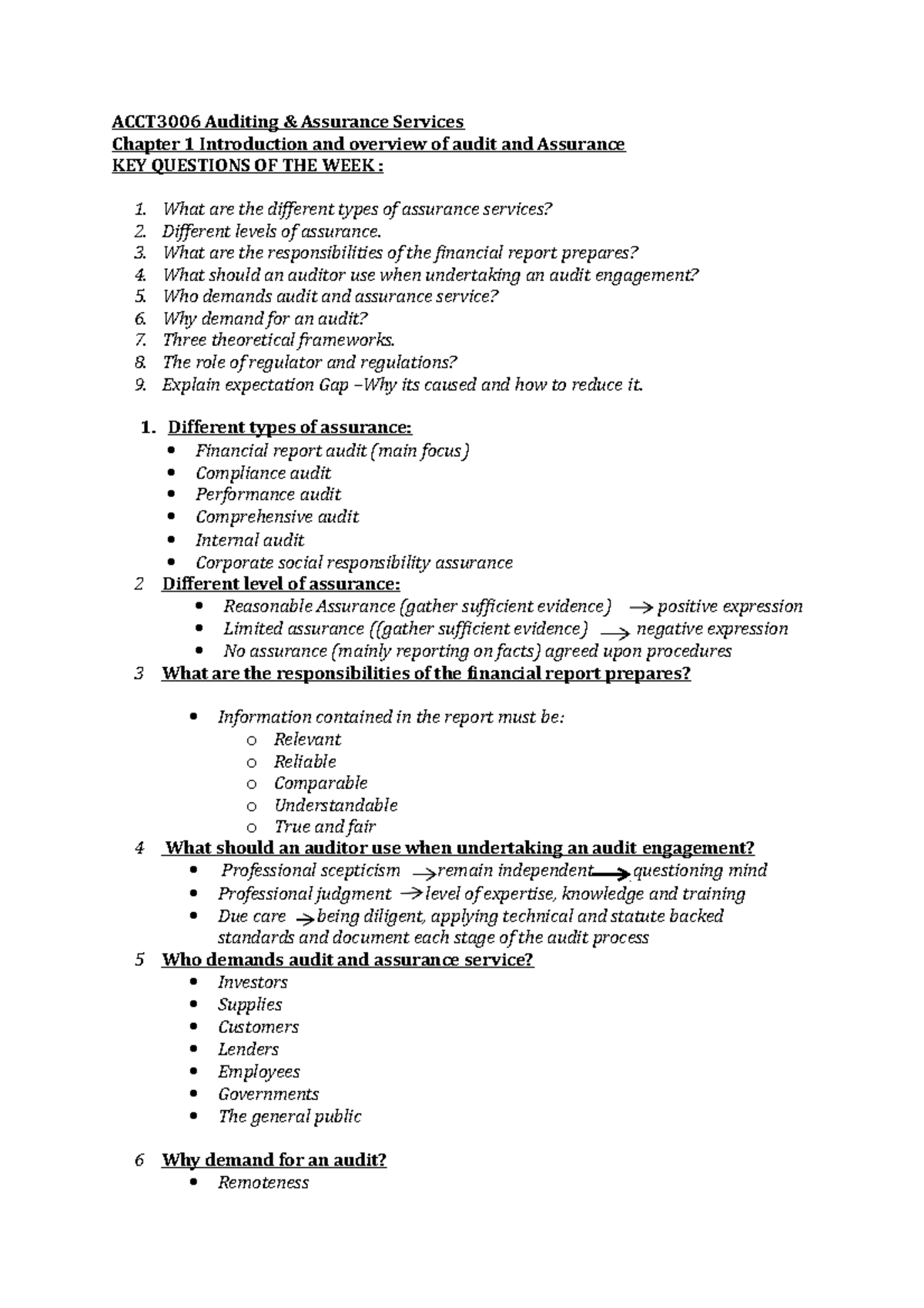 Chapter 1 Key Questions for the Week - ACCT3006 Auditing & Assurance ...