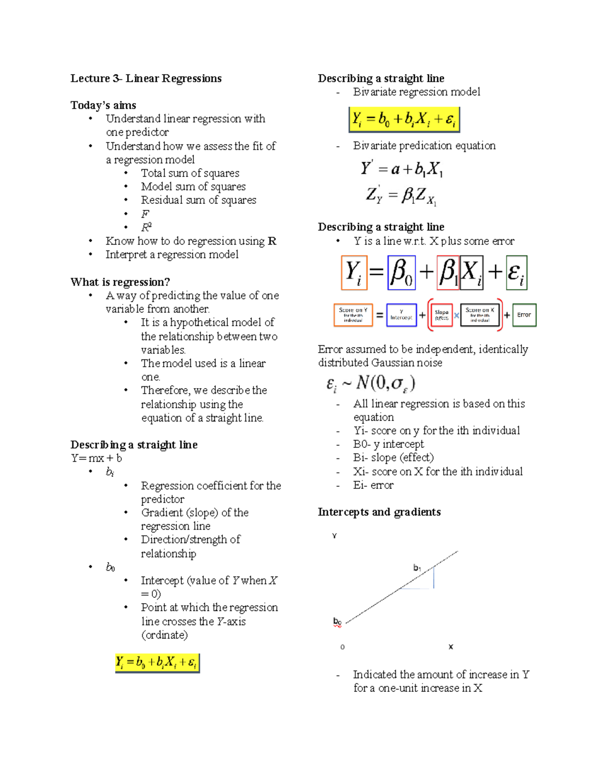 Lecture 4- Linear Regressions - Lecture 3- Linear Regressions Today’s ...
