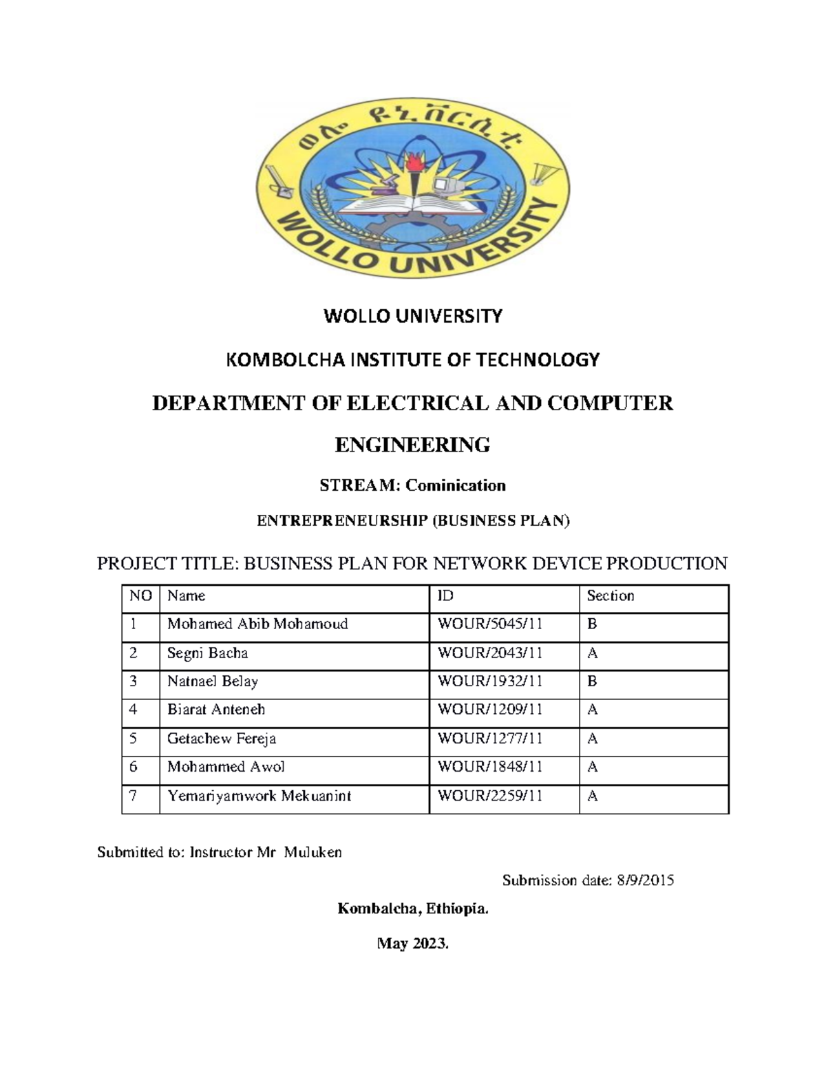1 Enterparanship ssssss - WOLLO UNIVERSITY KOMBOLCHA INSTITUTE OF ...