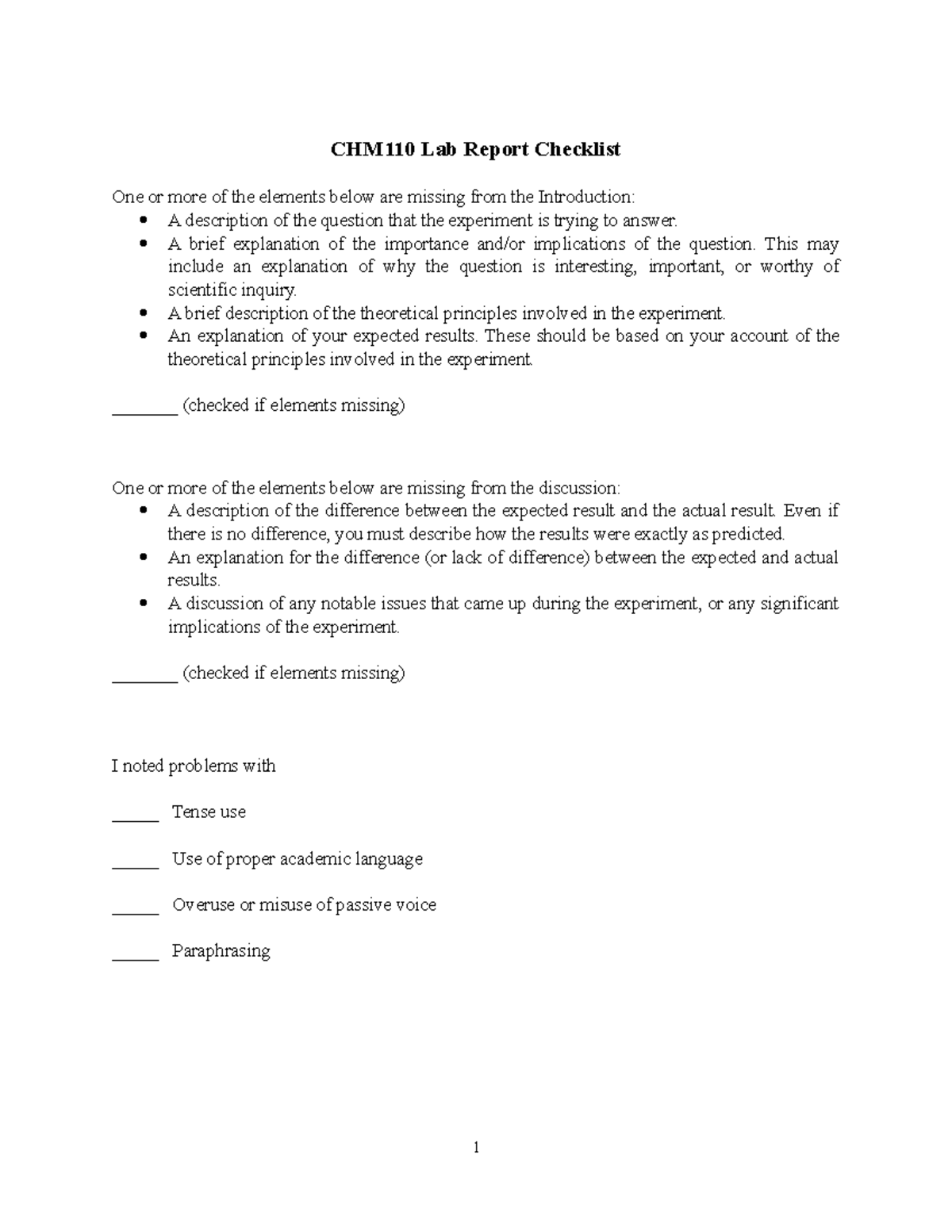 CHM110 Guide checklist - CHM110 Lab Report Checklist One or more of the ...