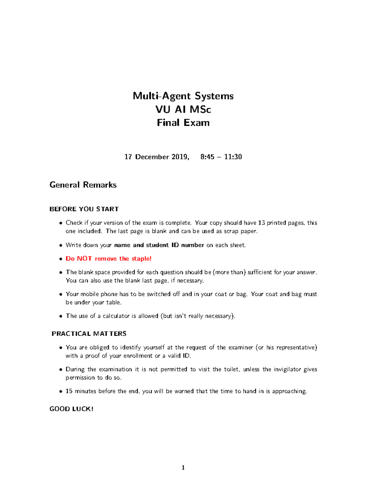 MAS 20-21 Mock Exam - Multi-Agent Systems VU AI MSc Final Exam 17 ...