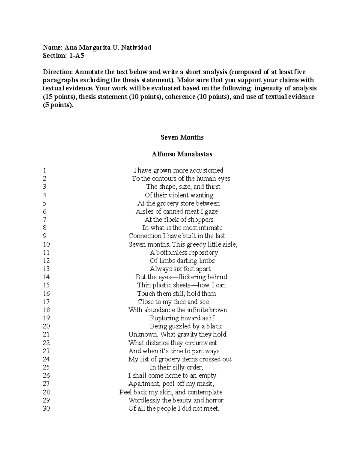 Close Reading Activity 2 - Name: Ana Margarita U. Natividad Section: 1 ...