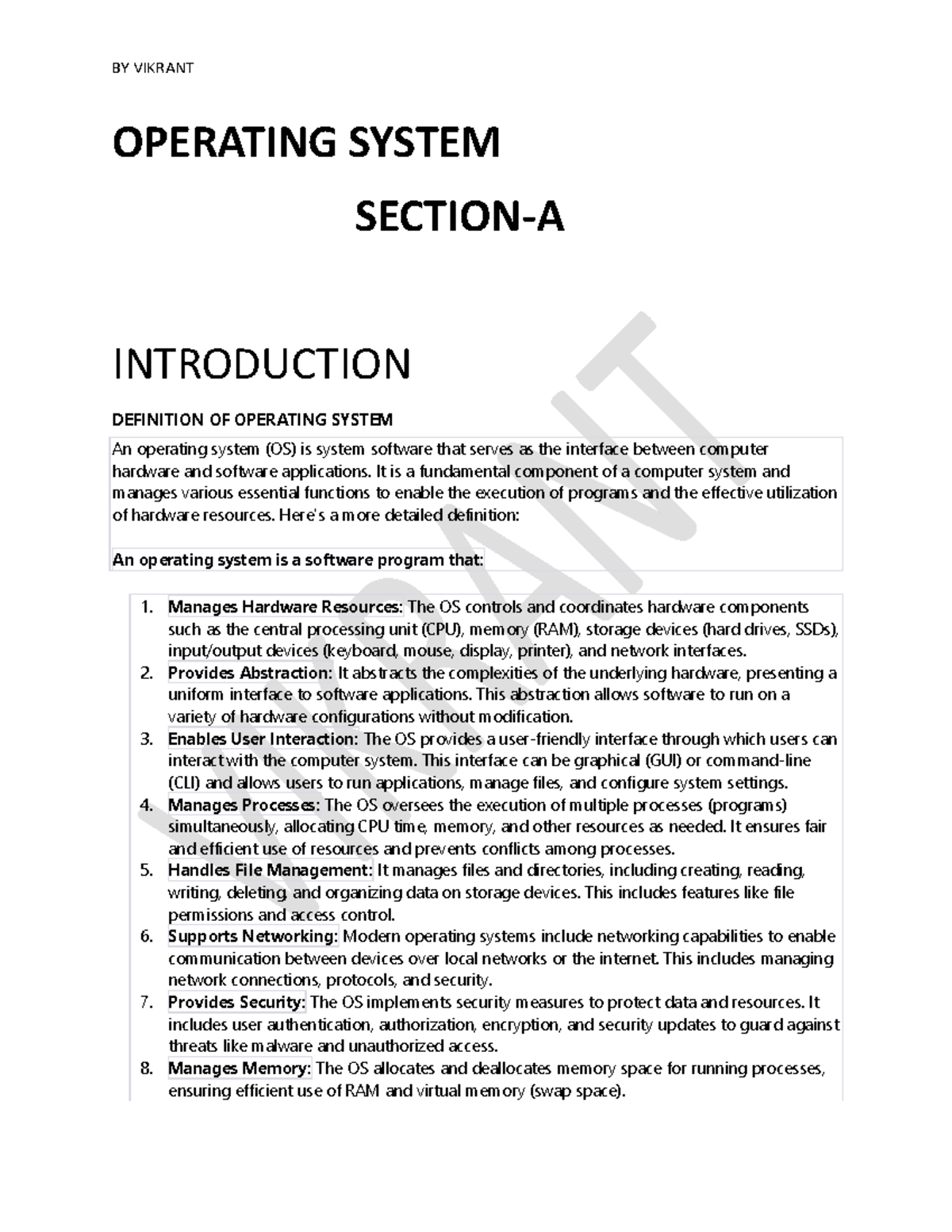 Operating System - OPERATING SYSTEM SECTION-A INTRODUCTION DEFINITION ...