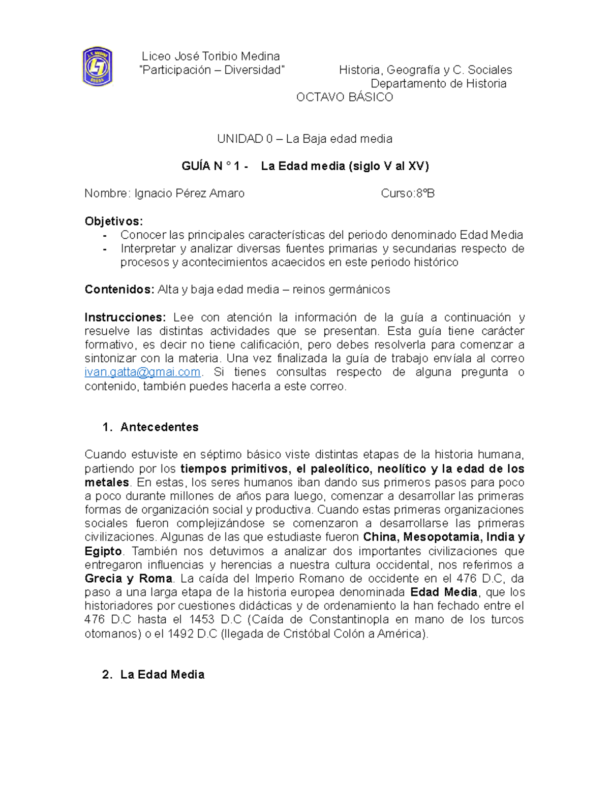 GUIA N°1 - Octavo Basico - Historia[ 7520] - Liceo José Toribio Medina ...