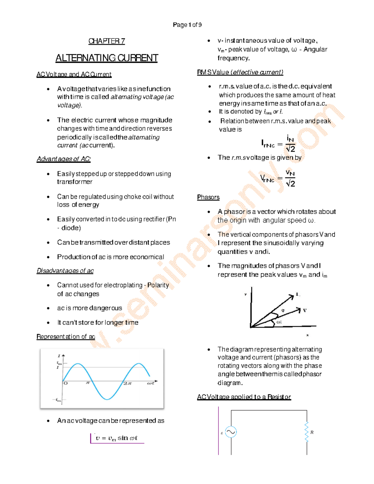 Alternating Current - Lecture note - CHAPTER 7 ALTERNATING CURRENT AC Volt age and AC Current A ...