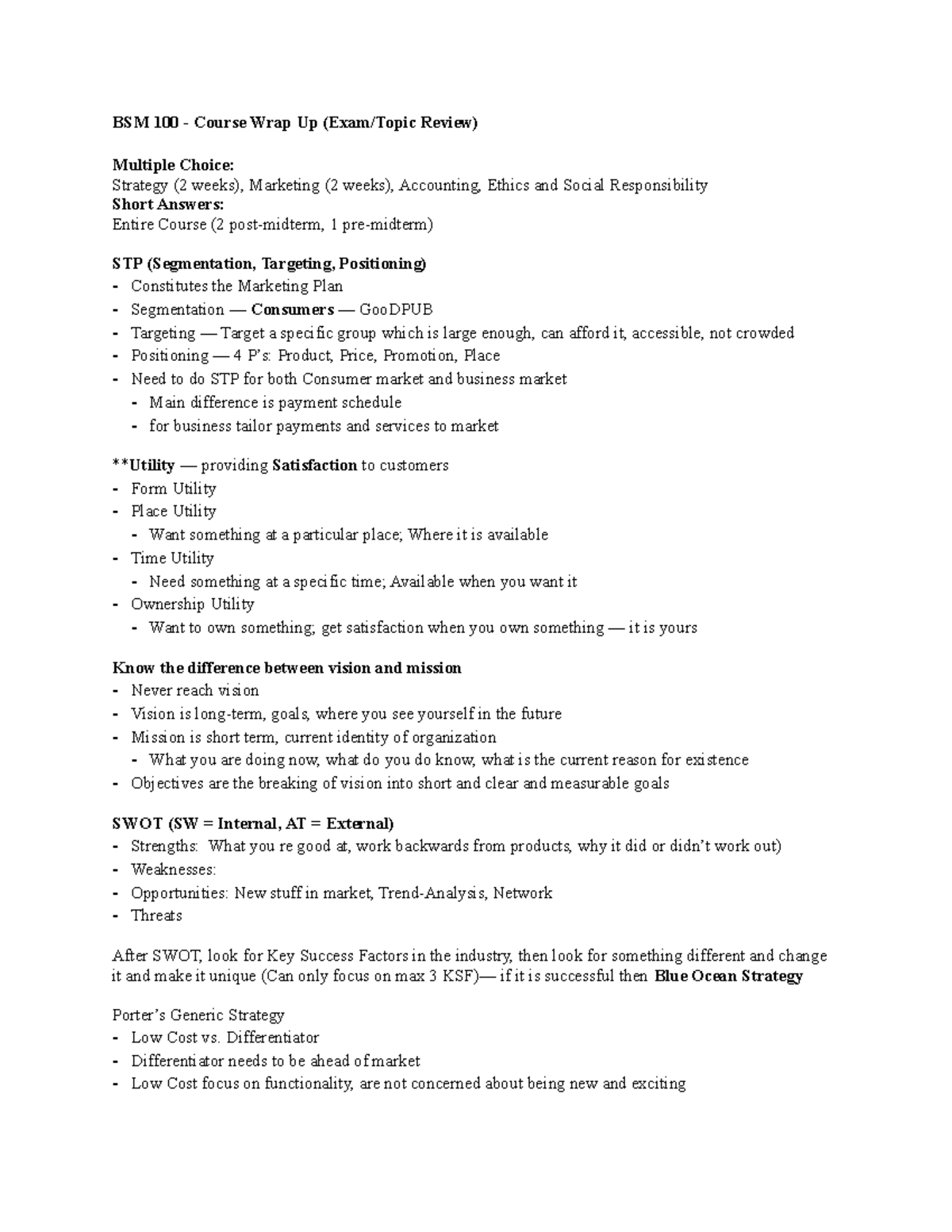 BSM 100 Exam: Topic Review - BSM 100 Course Wrap Up Review) Multiple ...