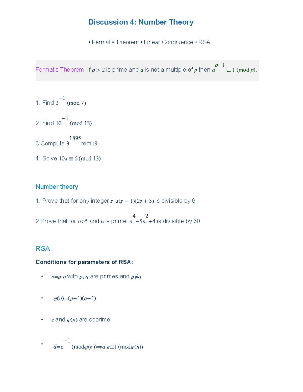 Discussion(4) questions - Discussion 4: Number Theory • Fermat's ...