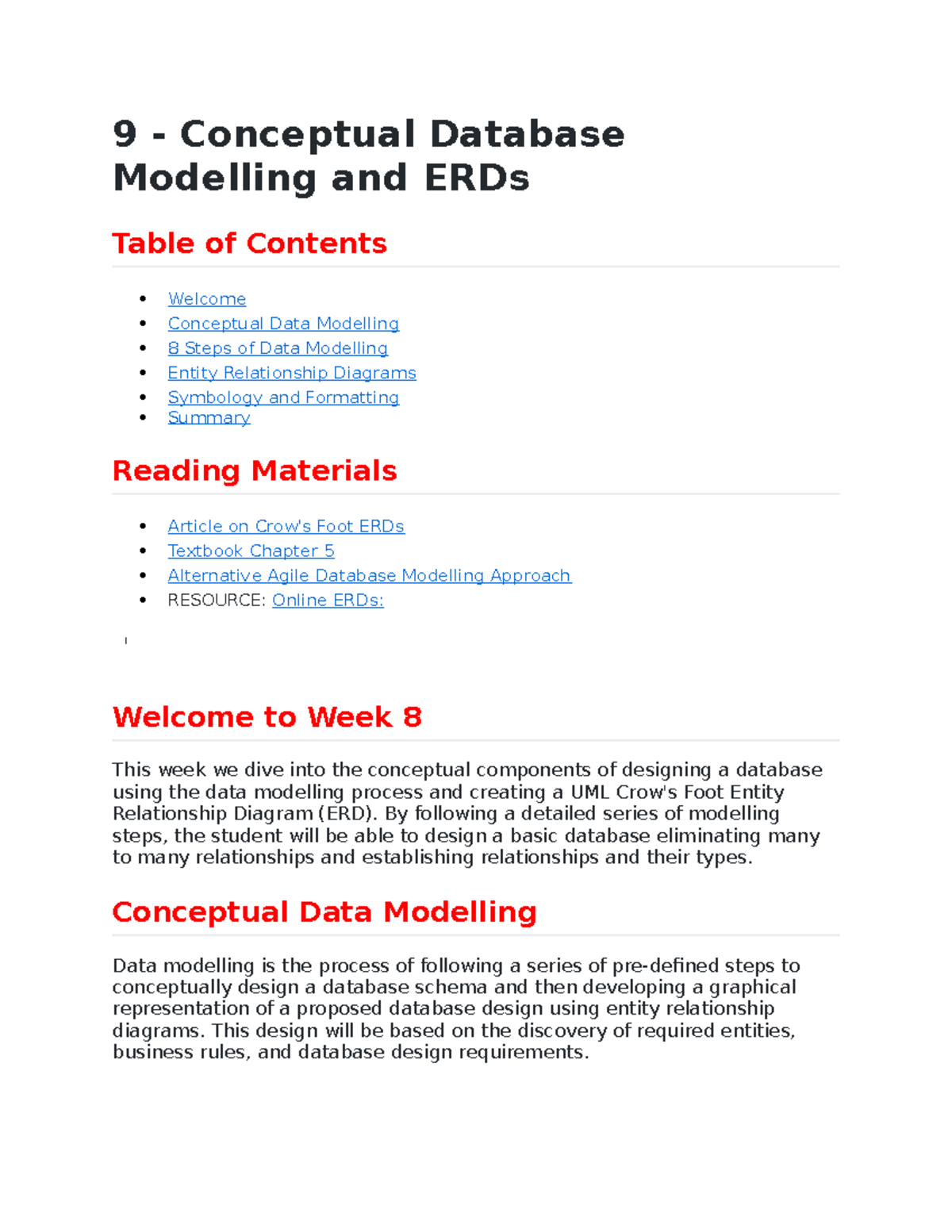Dbs 211 Week 9 Notes 9 Conceptual Database Modelling And Erds Table Of Contents Welcome