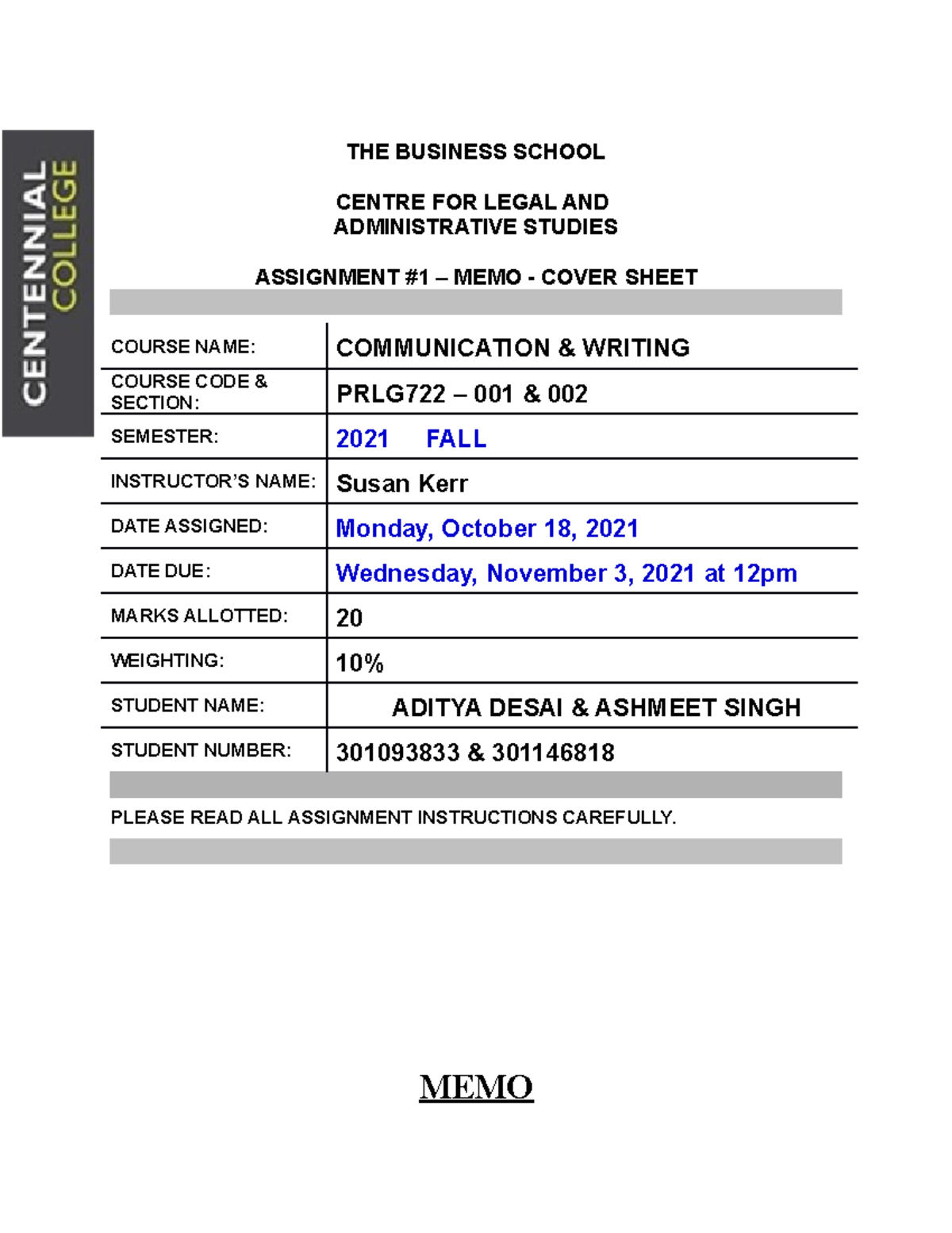 MEMO Assignment - THE BUSINESS SCHOOL CENTRE FOR LEGAL AND ...