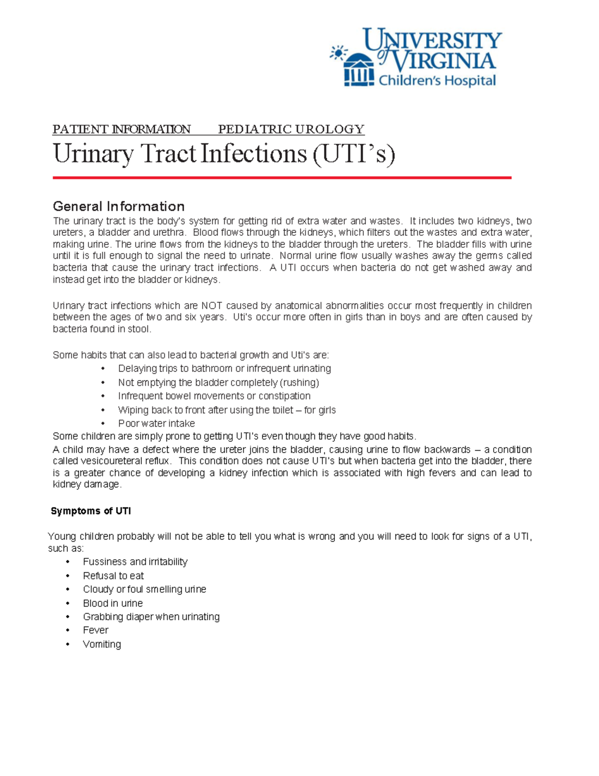 Urinary Tract Infections - PATIENT INFORMATION PEDIATRIC UROLOGY ...
