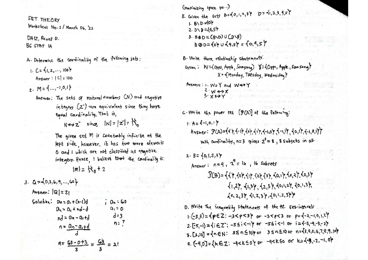 Daiz R BSStat 1A Set Theory Worksheet 2 - Studocu