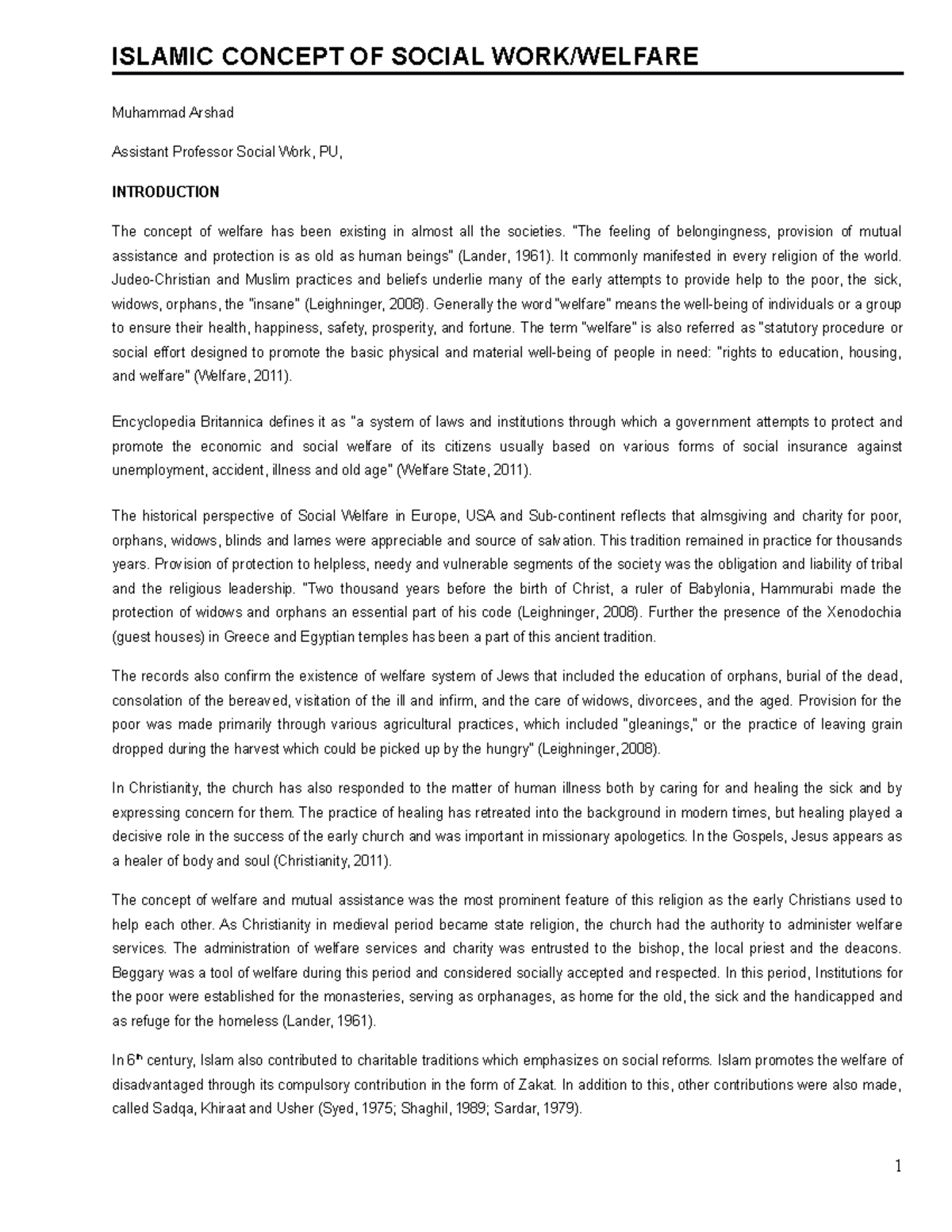 Islamic concept of Social WORK Lecture notes for BS Social Work PU ...