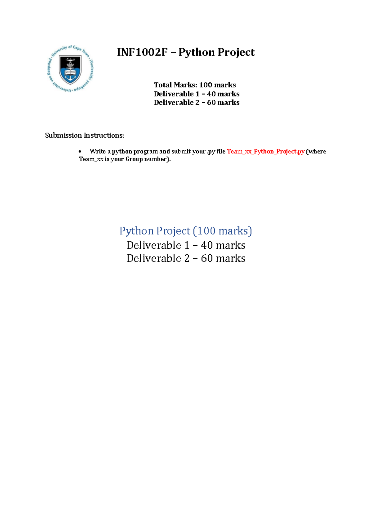 INF1002F Python Project - Copy - INF1002F – Python Project Total Marks ...