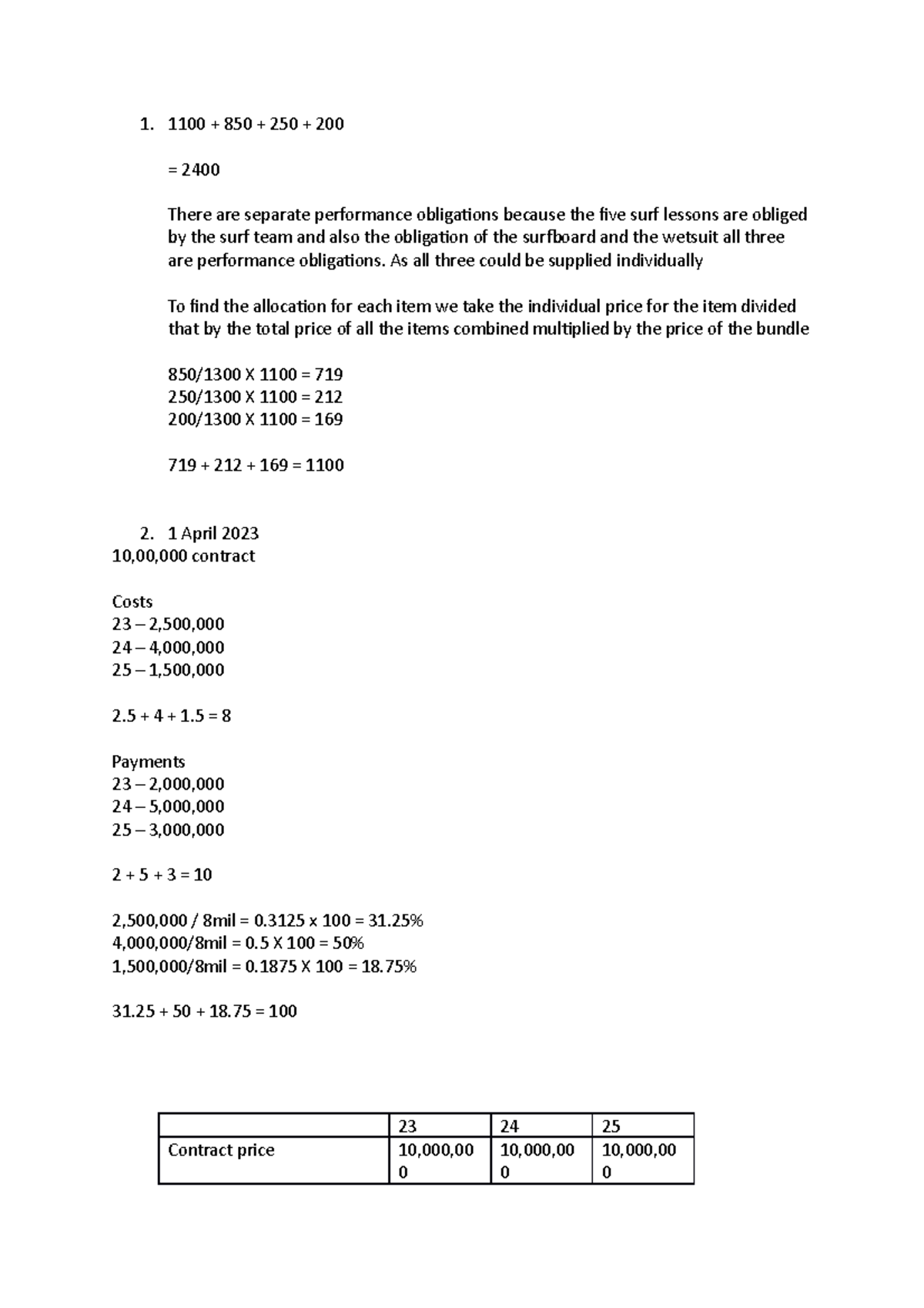 Tutorial 8 - 1. 1100 + 850 + 250 + 200 = 2400 There are separate performance obligations because ...