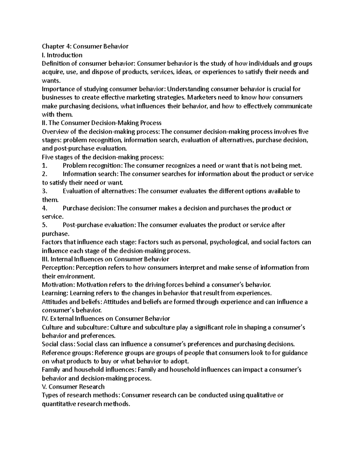 Chapter 4 - Chapter 4: Consumer Behavior I. Introduction Definition of ...