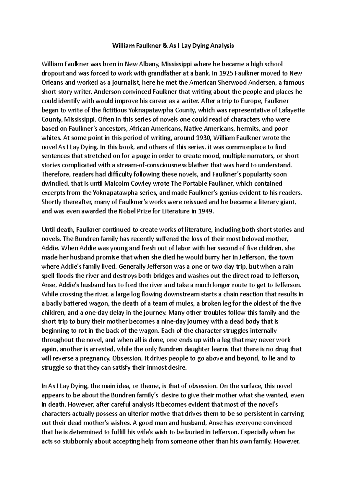 William Faulkner As I Lay Dying Analysis - William Faulkner & As I Lay ...