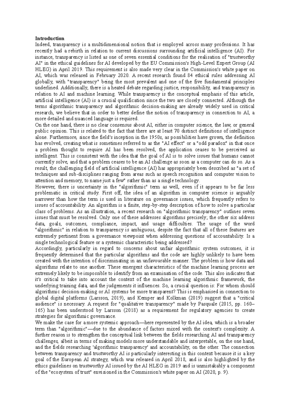 AI - Transparency in AI - Introduction Indeed, transparency is a ...