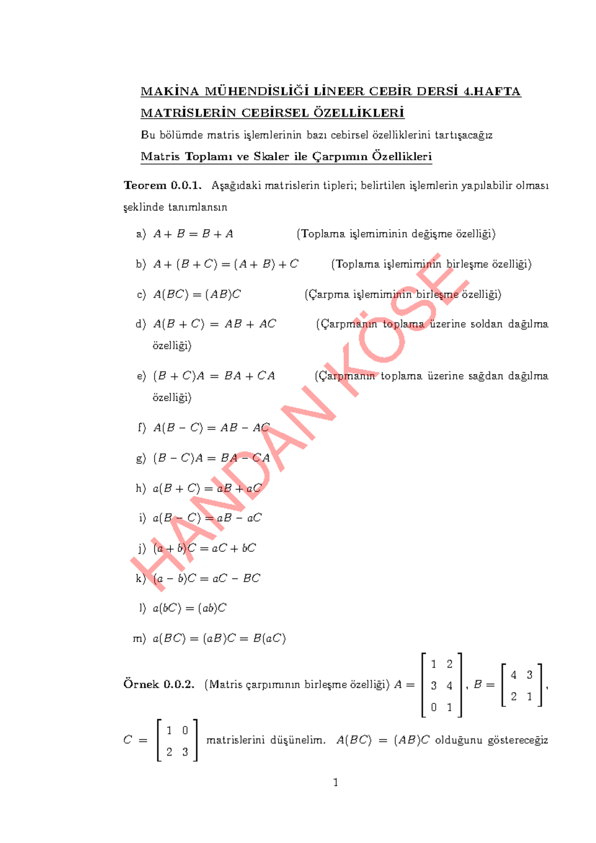 Lineer cebir 4 hafta - linear algebra notes week 4 - MAK ̇INA M ̈UHEND ...