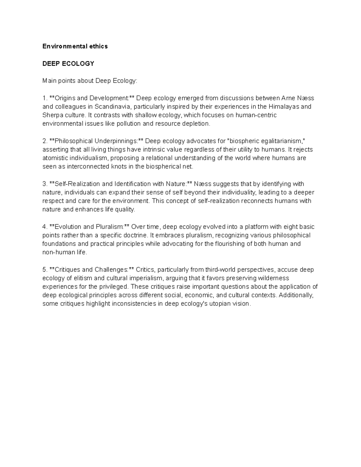 Test notes Moral and ethics - Environmental ethics DEEP ECOLOGY Main ...