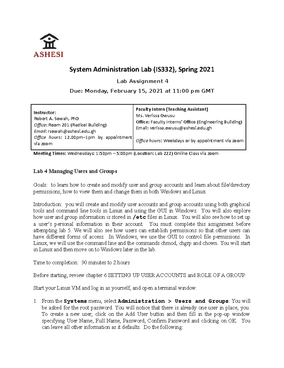 Lab 4 Managing Users and Groups - System Administration Lab (IS332 ...