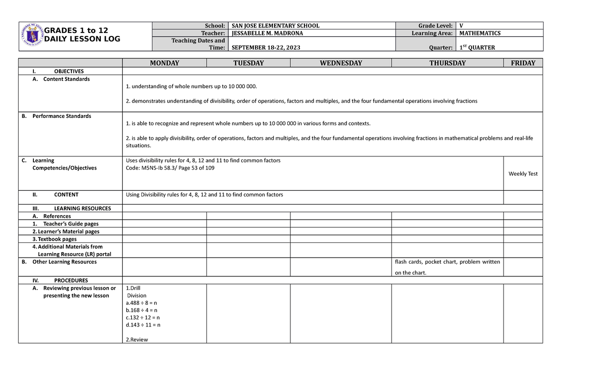 DLL Mathematics 5 Q1 W2 - Materials for teaching - GRADES 1 to 12 DAILY LESSON LOG School: SAN ...