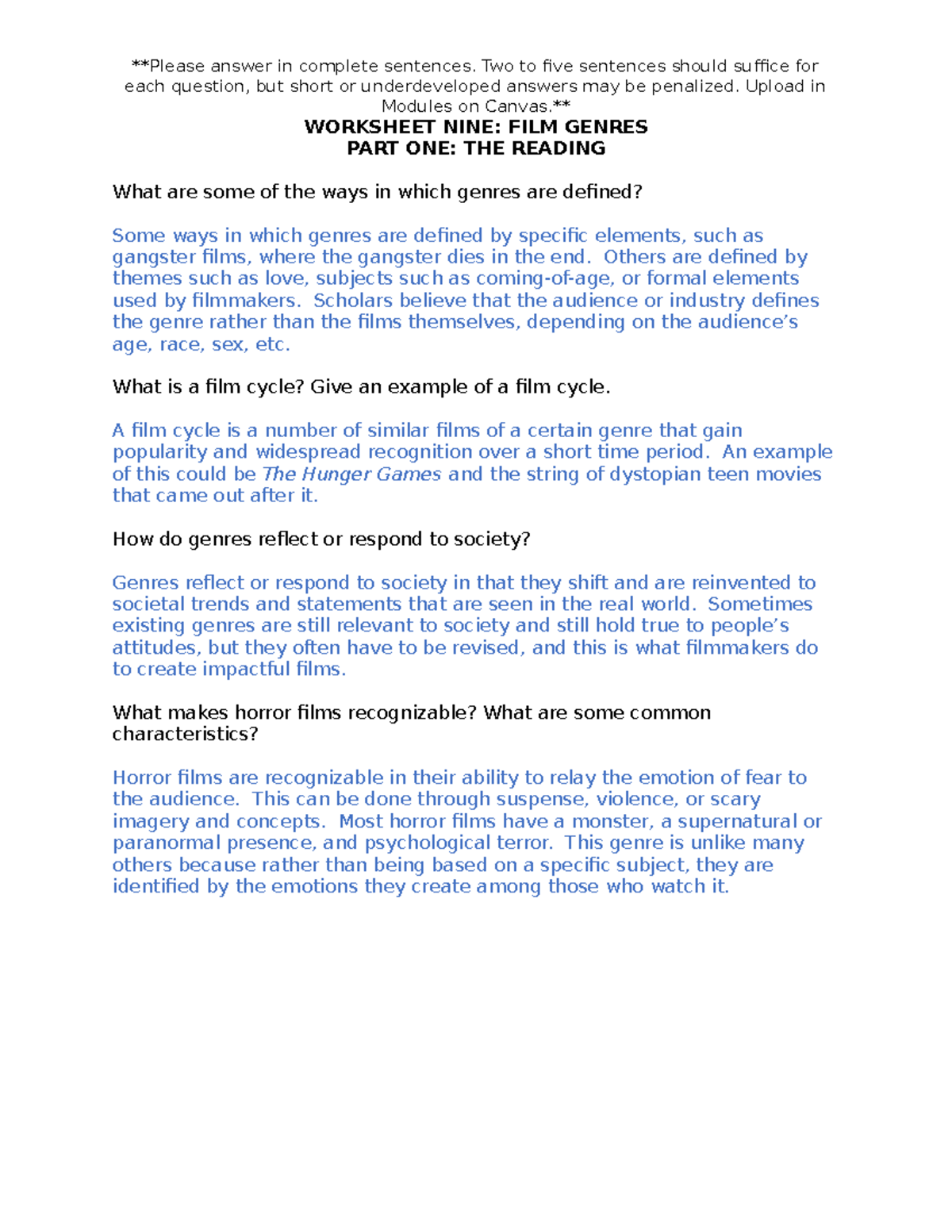 Film Analysis Worksheet Nine - Please answer in complete sentences. Two ...