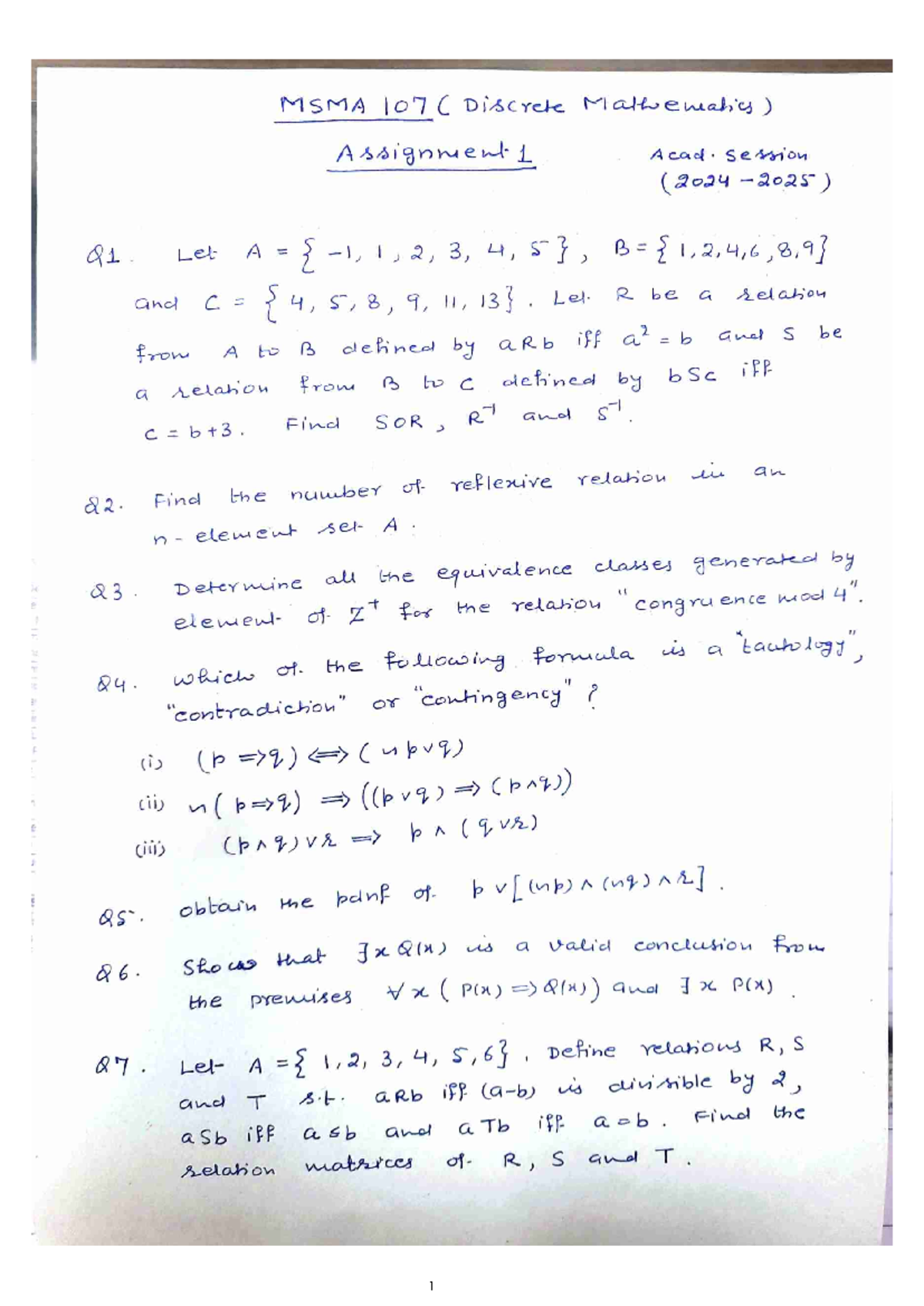 DM Assignment 1 - MSMA 107 C Discrete Mathematics ) Assignment Acad. session Q1 Let A 1,2,3, 4 ...