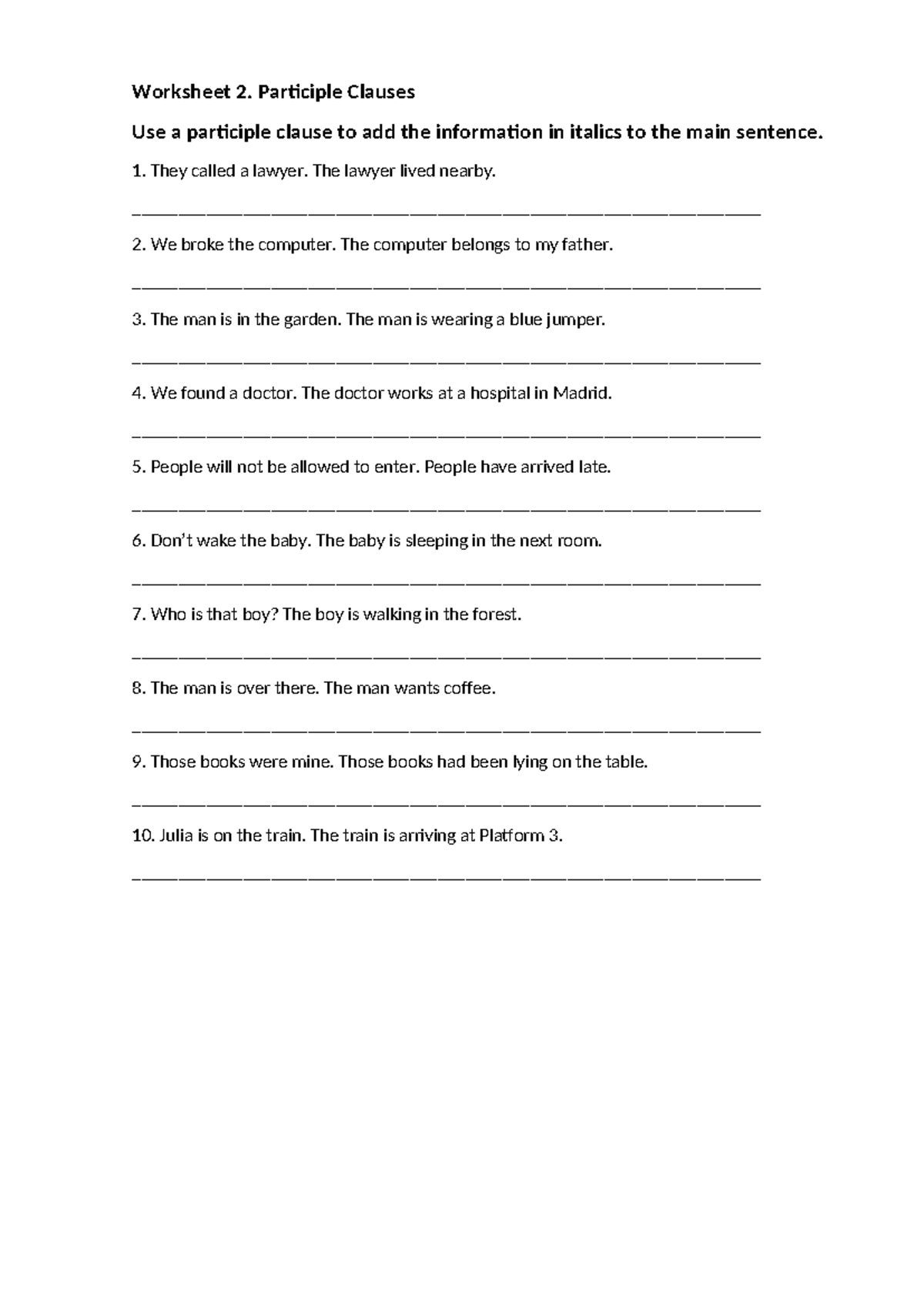 Worksheet 1.docx Participle Clauses - Worksheet 2. Participle Clauses ...