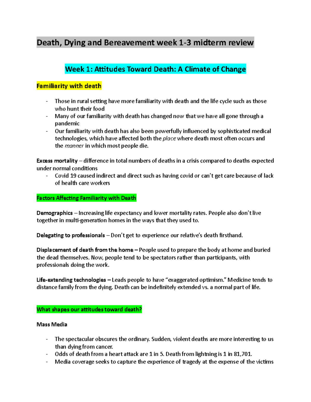 Death, Dying and Bereavement week 1-3 midterm review - Excess mortality ...