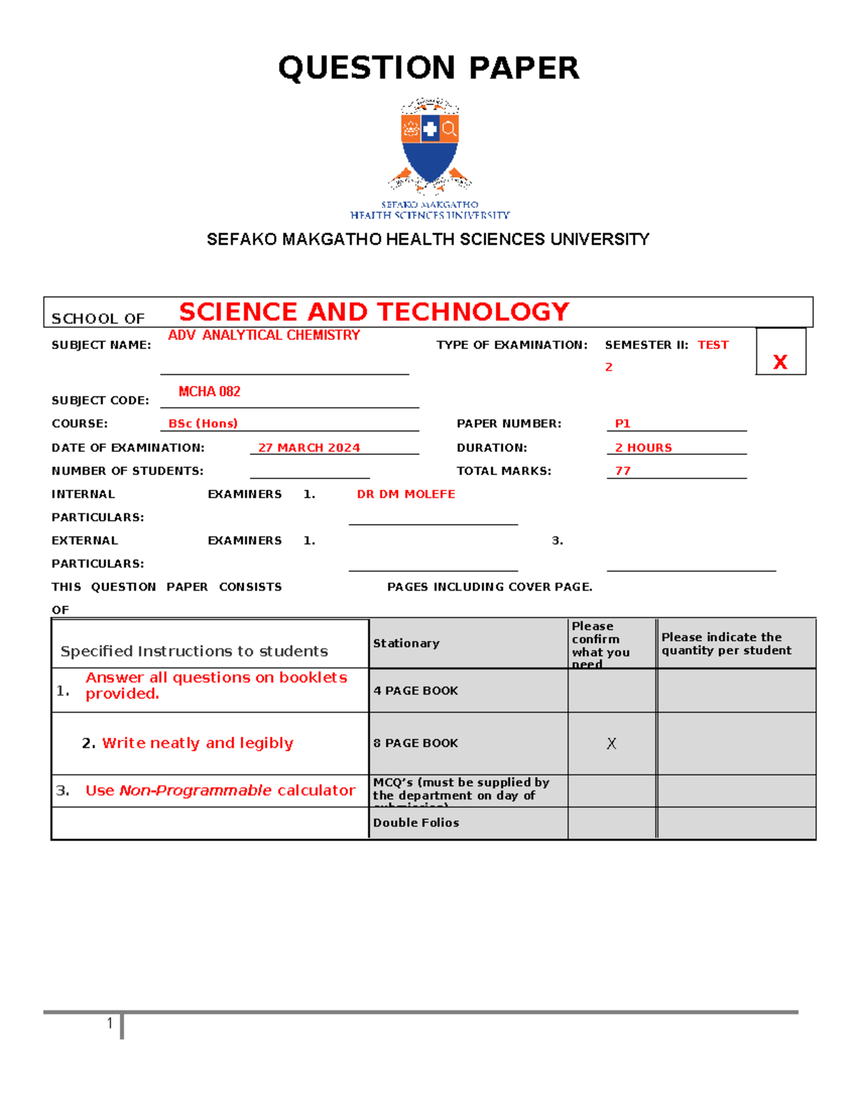 MCHA 082 Sem1 Test 2 ICP - QUESTION PAPER SEFAKO MAKGATHO HEALTH ...