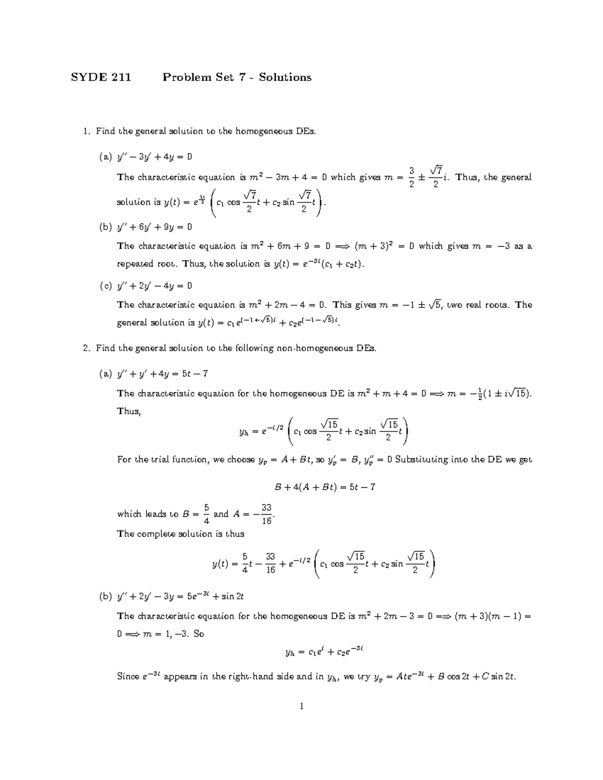 Syde211 w20 ps7 soln - SYDE 211 Problem Set 7 - Solutions Find the general solution to the - Studocu