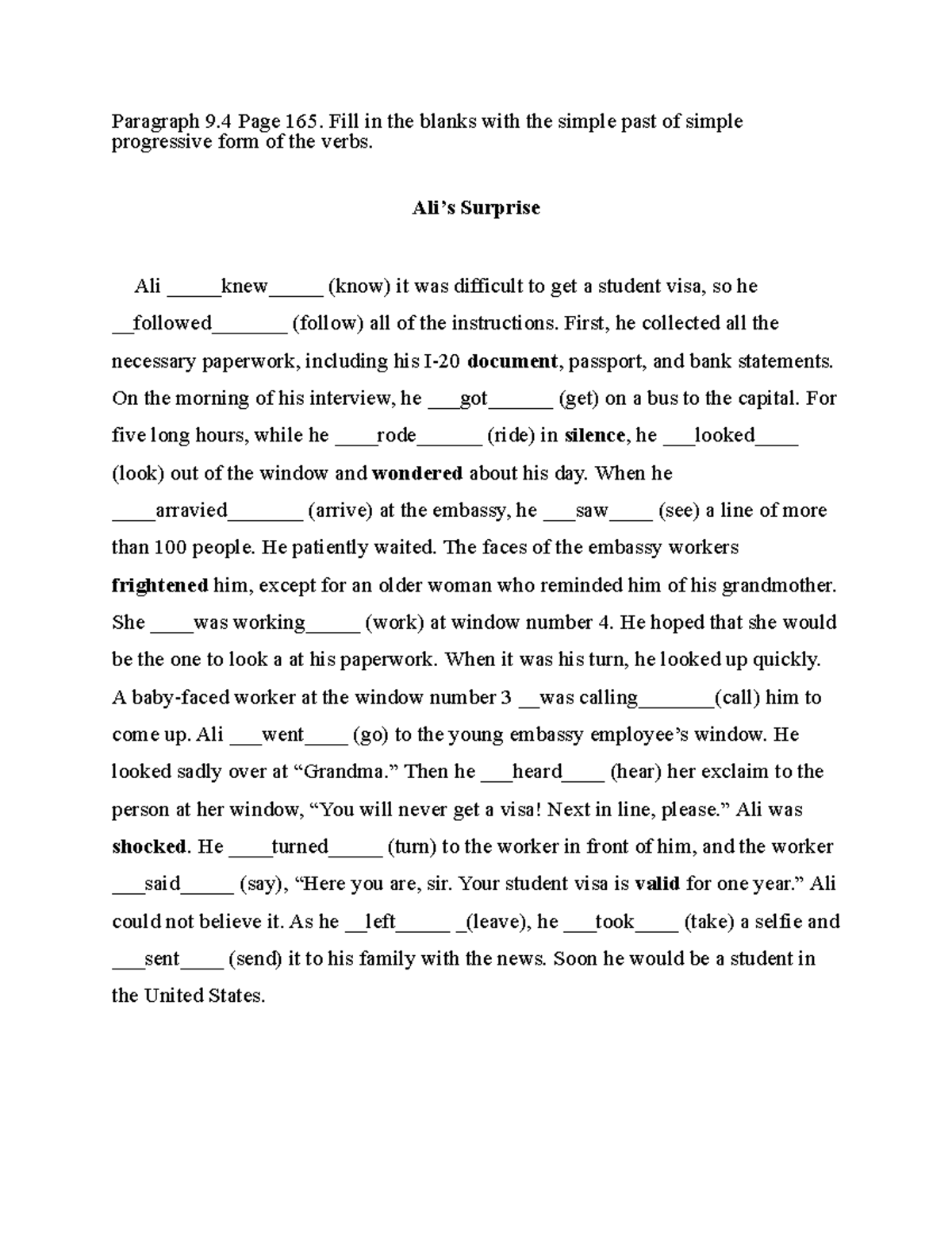 Paragraph 9- Past tense - Paragraph 9 Page 165. Fill in the blanks with ...