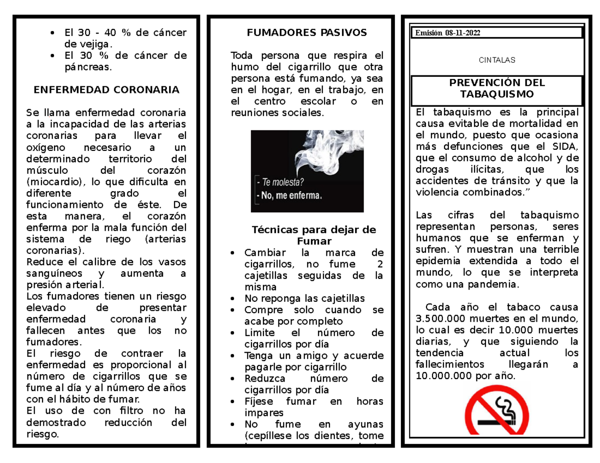 Folleto Prevención Tabaquismo - FUMADORES PASIVOS Toda persona que ...