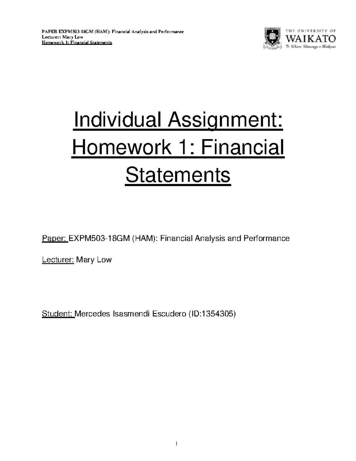 Finance Homeworks - Nothing - 1 PAPER EXPM503-18GM (HAM): Financial ...