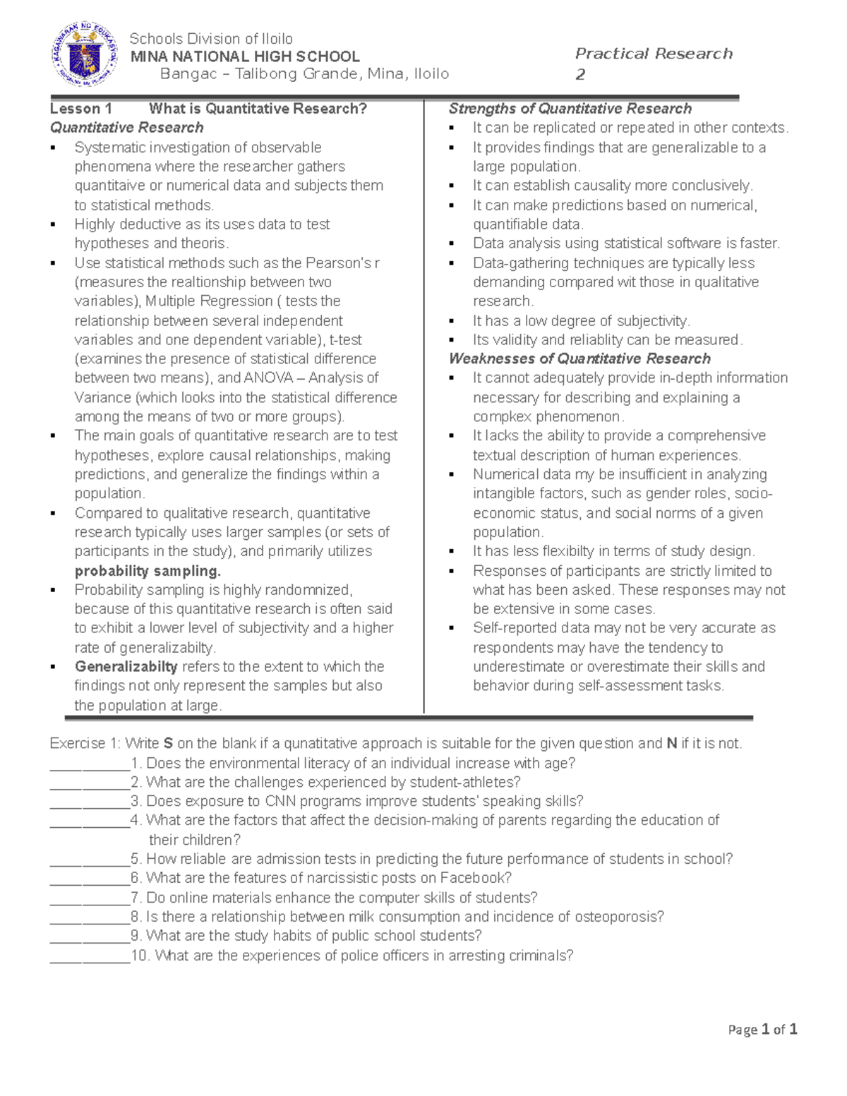 Quantitative practical Research 1 grade 11. Notes - Schools Division of ...