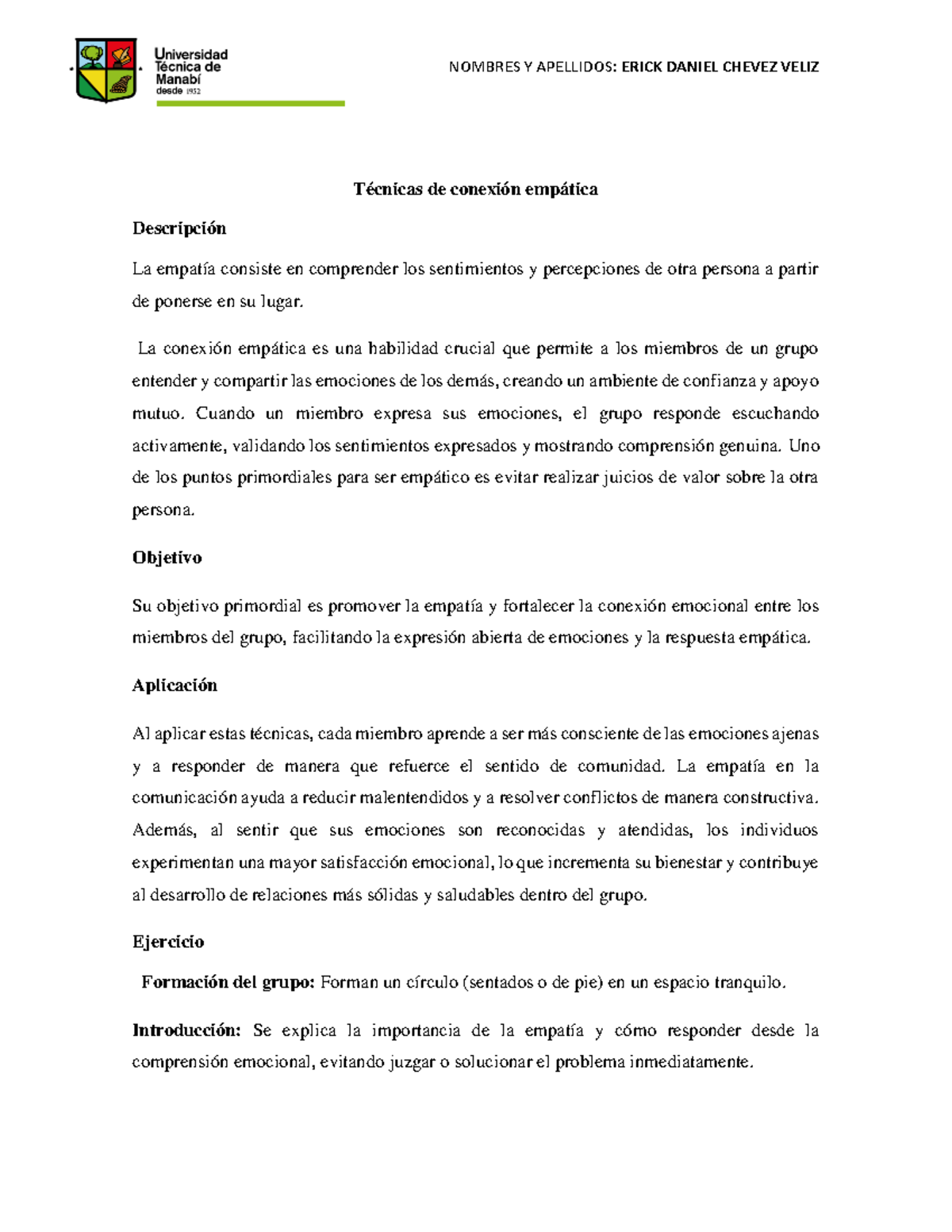 Tecnicas de conexion empatica - NOMBRES Y APELLIDOS: ERICK DANIEL ...