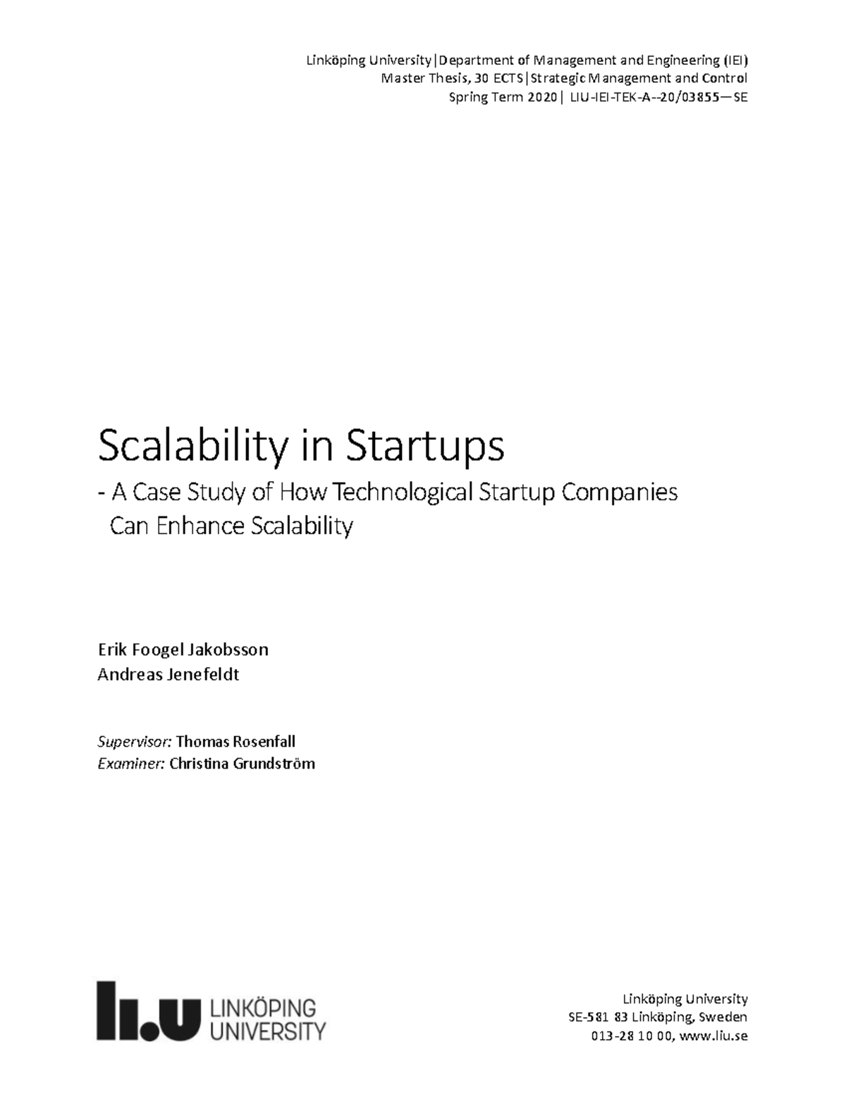 Scalability in Startup - Linköping University│Department of Management ...